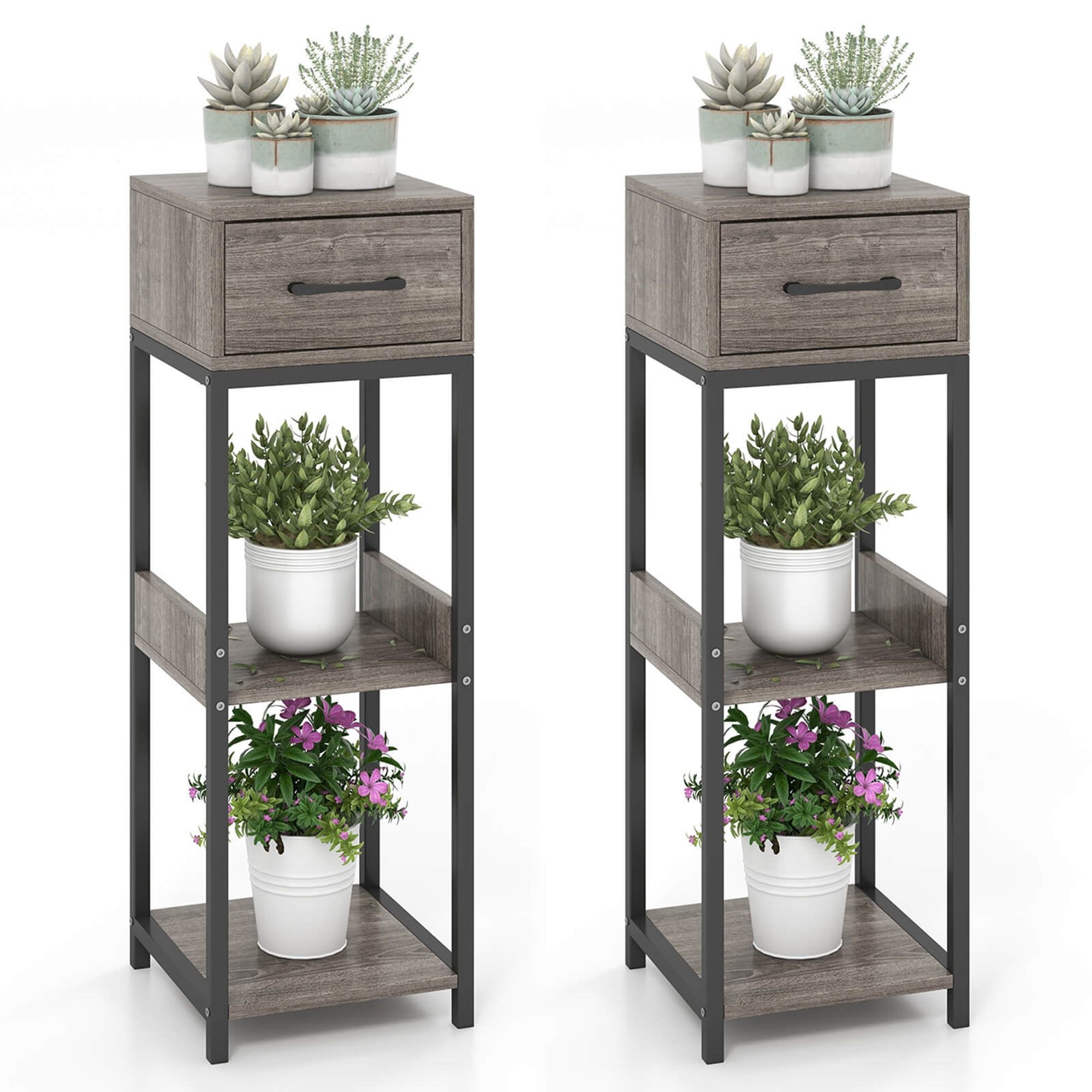Costway 2 Pack 3 Tier Indoor Tall Plant Stand with Drawer Anti-tipping ...