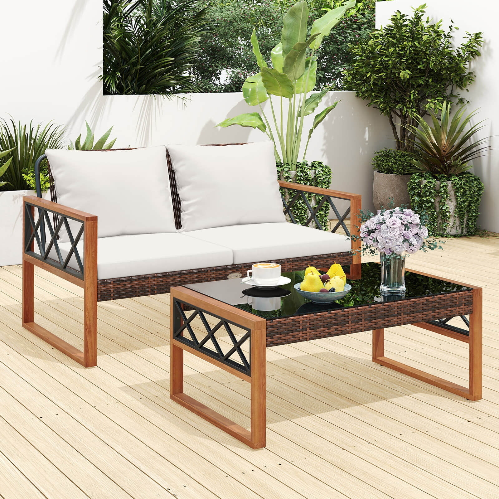 Costway 2 Pieces Patio PE Wicker Furniture Set Outdoor Acacia Wood ...