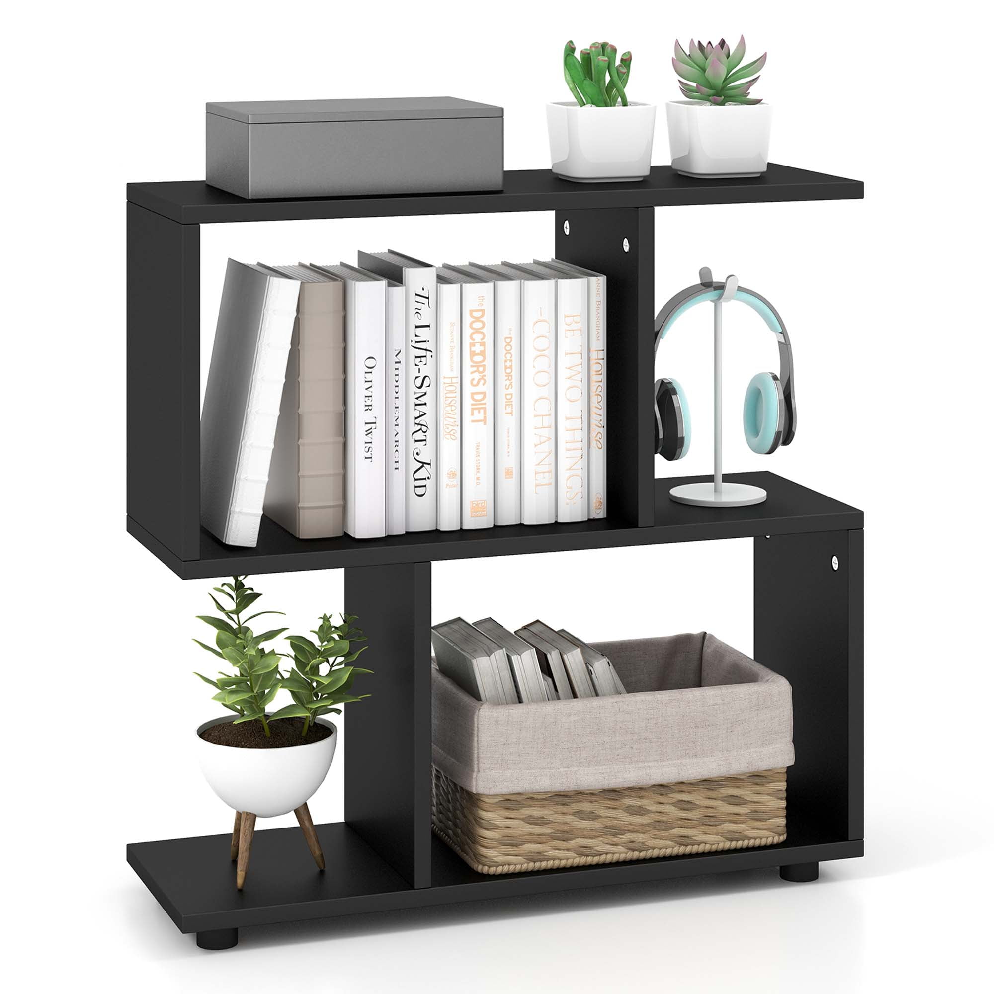 Costway 2-Tier Bookshelf: Wood Display Shelf, Free Standing Storage ...
