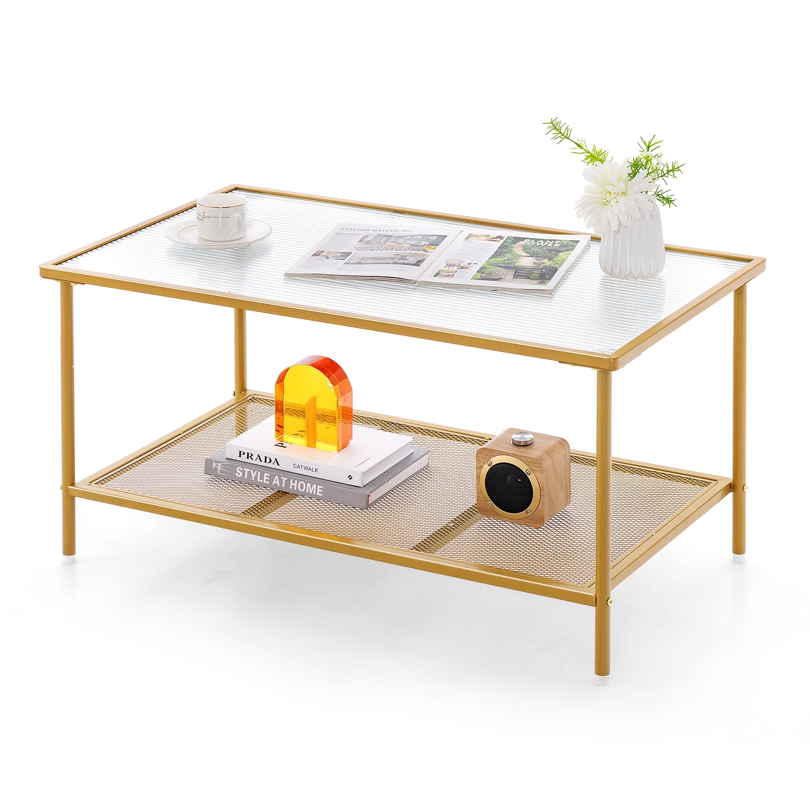 Costway 2-Tier Coffee Table with Shelf with Tempered Glass Top & Metal ...