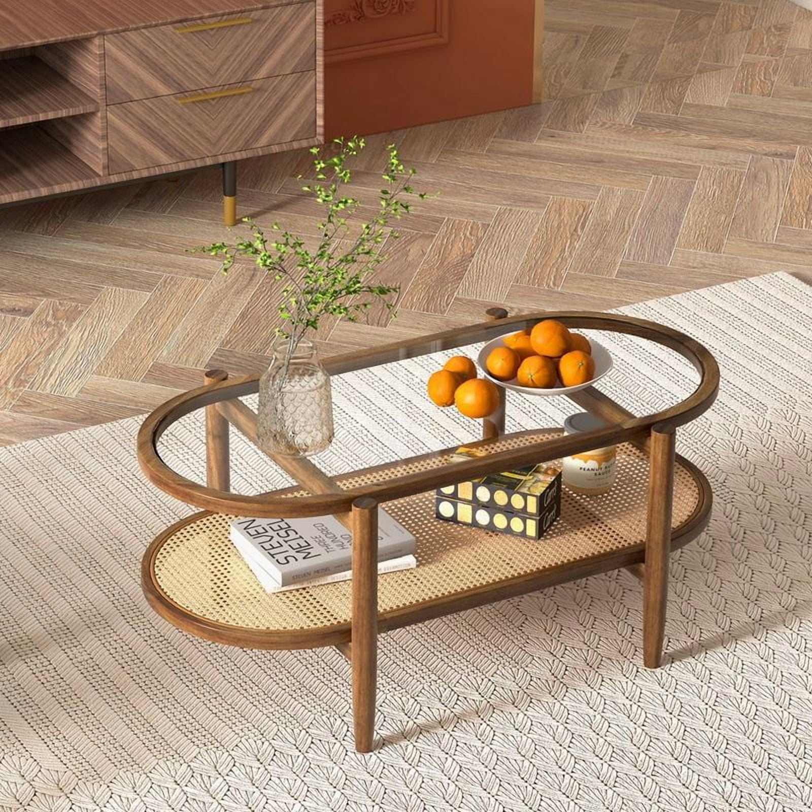 Costway 2-Tier Coffee Tale Tempered Gss Top with PE Rattan Shelf ...