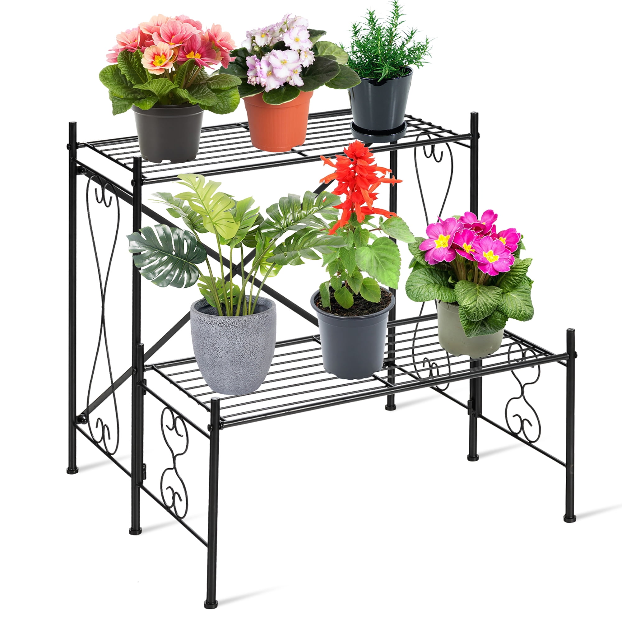Costway 2-Tier Metal Plant Stand for Indoor/Outdoor Use, Multiple Steel ...