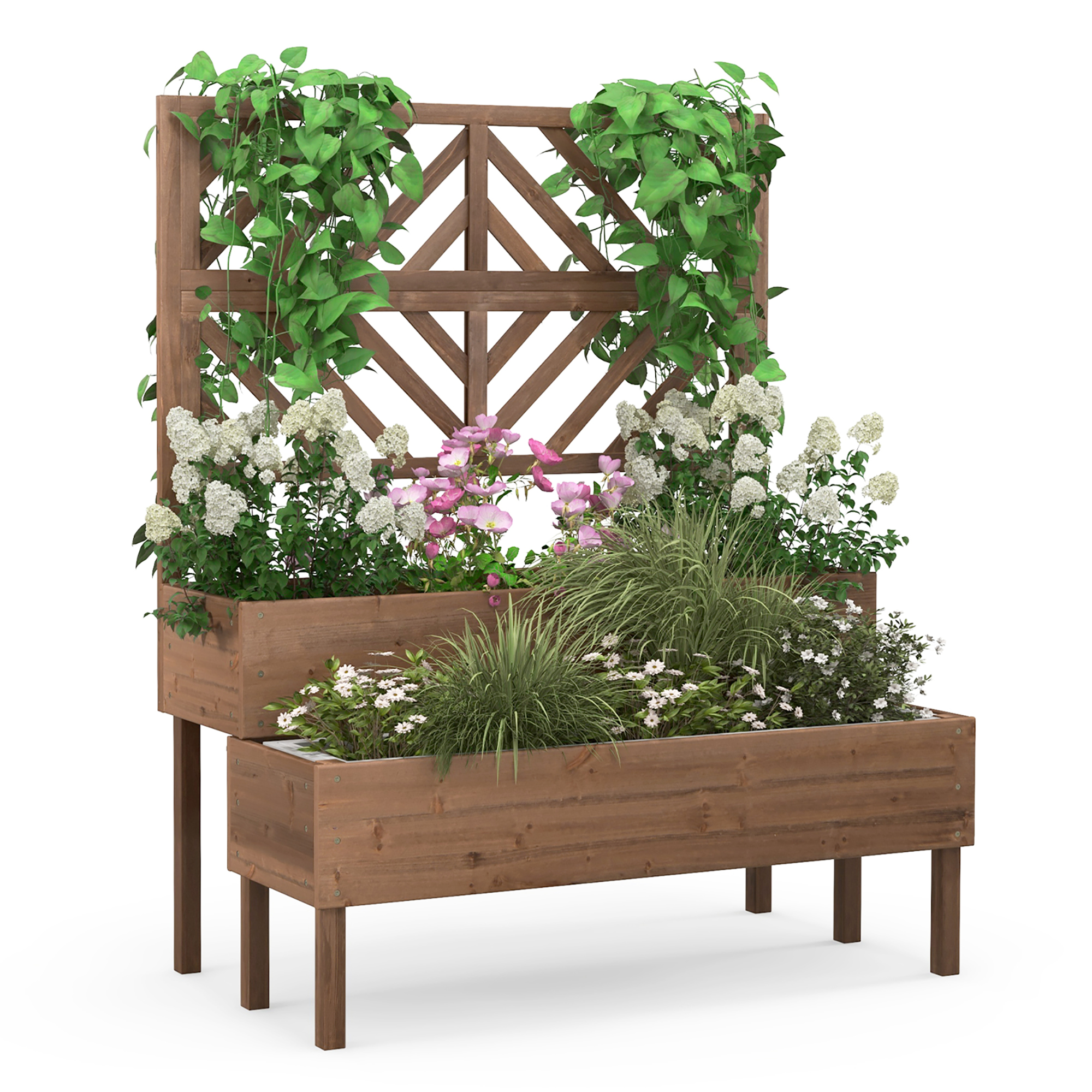 Gymax 71'' Tall Raised Garden Bed Wooden Planter w/ Trellis for Flower ...