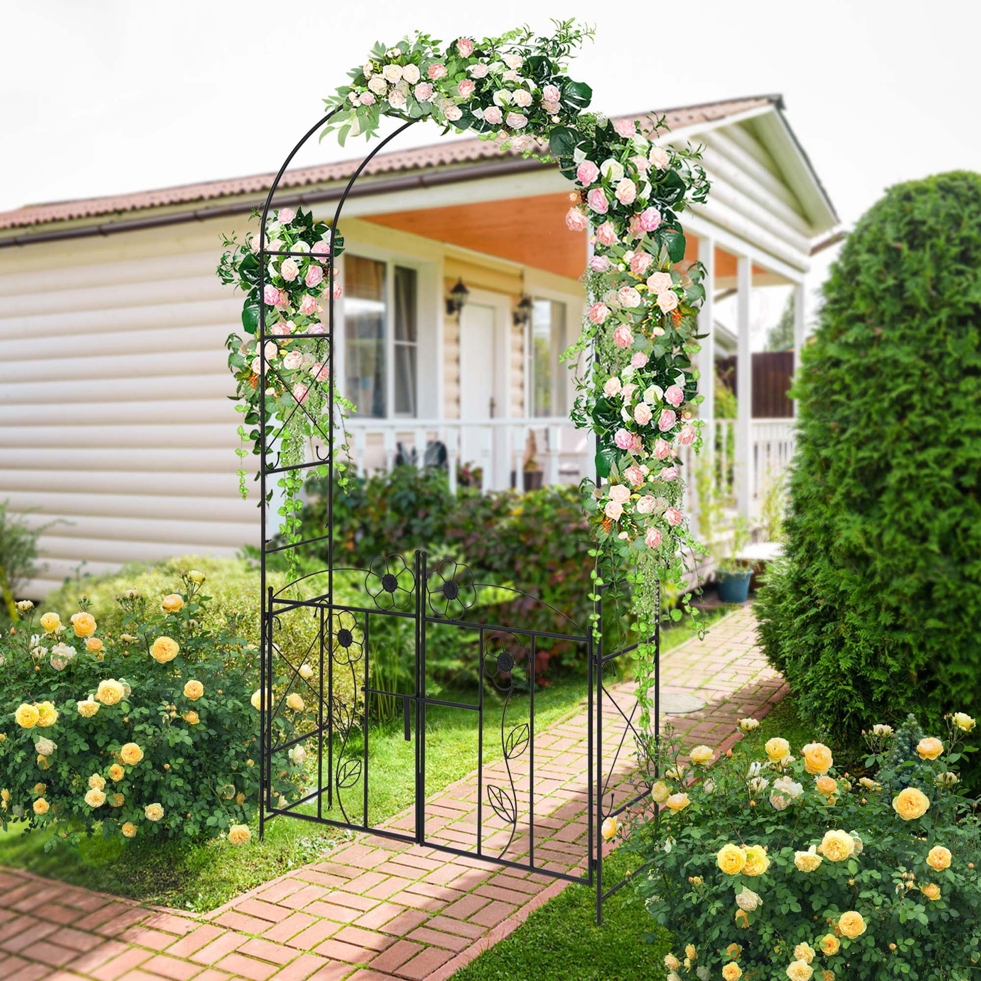 Costway 2 in 1 Garden Arbor Decorative Wedding Arch with Door & Latch ...