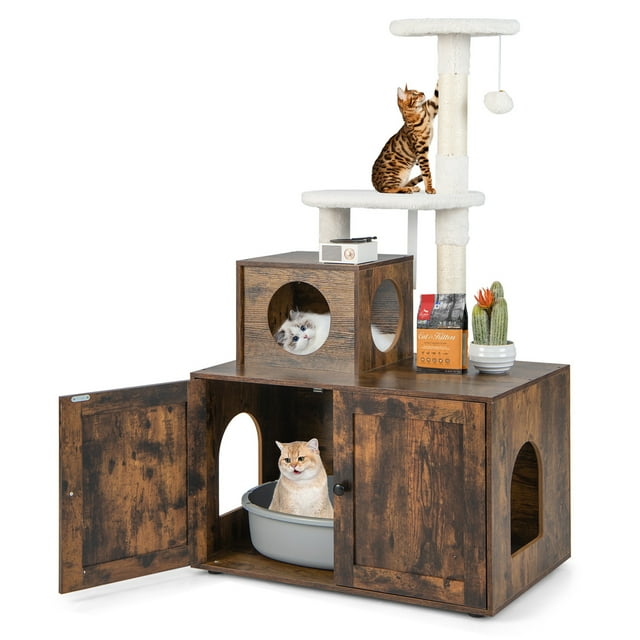 Costway Wooden Cabinet Litter Box & Cat Tree - 2-in-1 Hidden Washroom ...