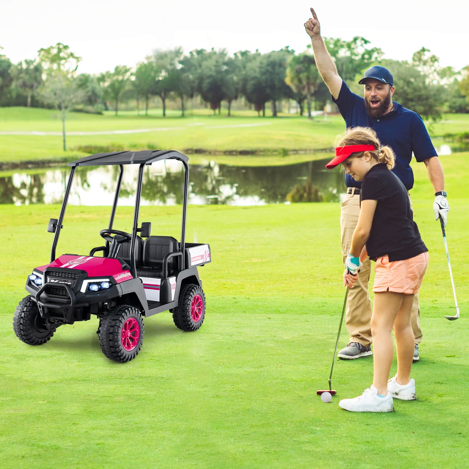 Costway 24V 7AH Kids Golf Cart 4WD 2 Seater Ride on Car with Sun Shade ...