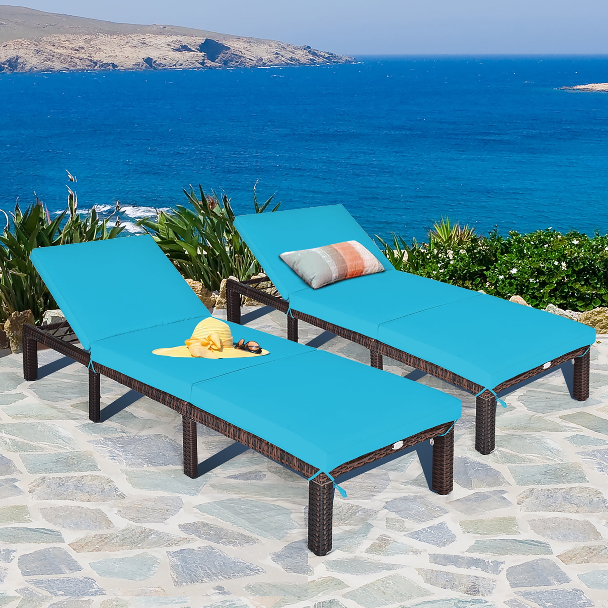 Costway 2PCS Outdoor Rattan Lounge Chair Chaise Recliner Adjustable ...