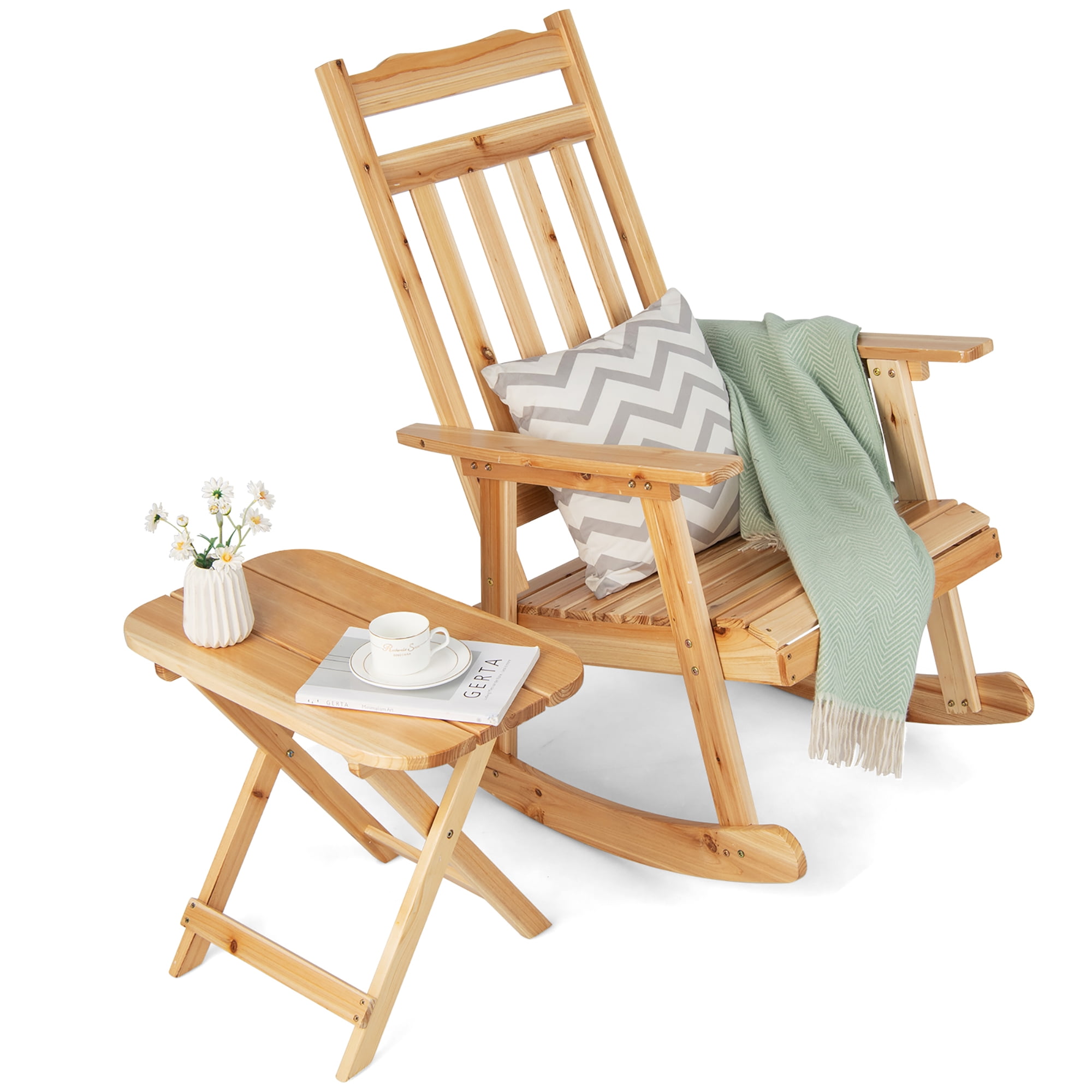 Costway 2PCS Patio Wooden Rocking Chair Bistro Set High Backrest with ...