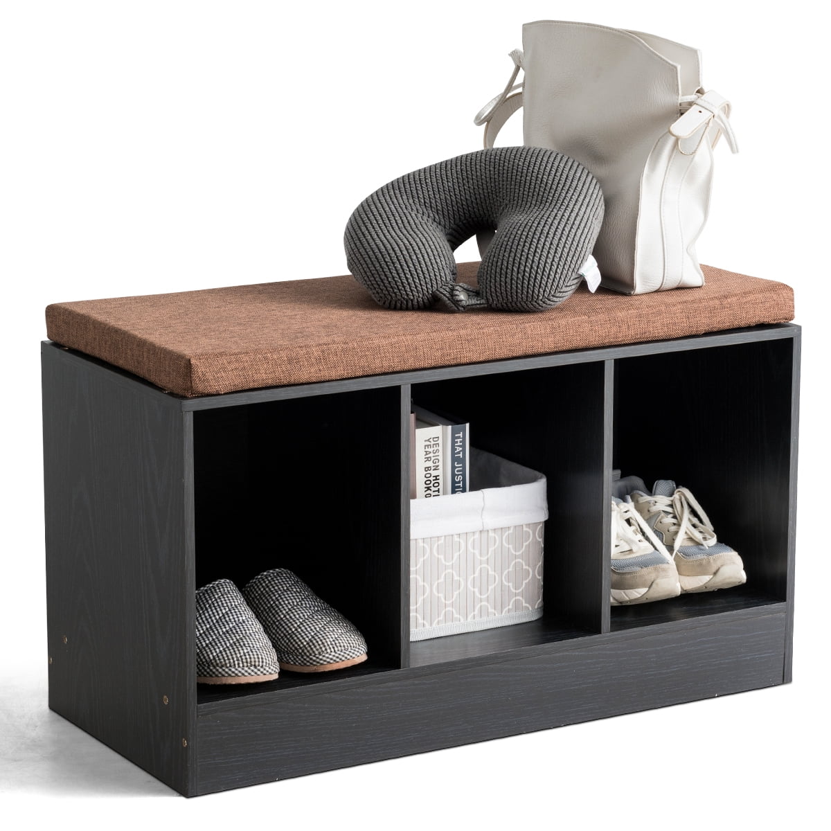 Costway 3-Cube Storage Bench with Padded Cushion, Shoe Organizer, Books ...