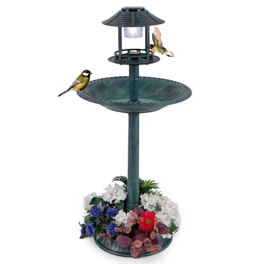 Gymax Solar Outdoor Bird Bath & Feeder Combo w/ Flower Planter Pedestal ...