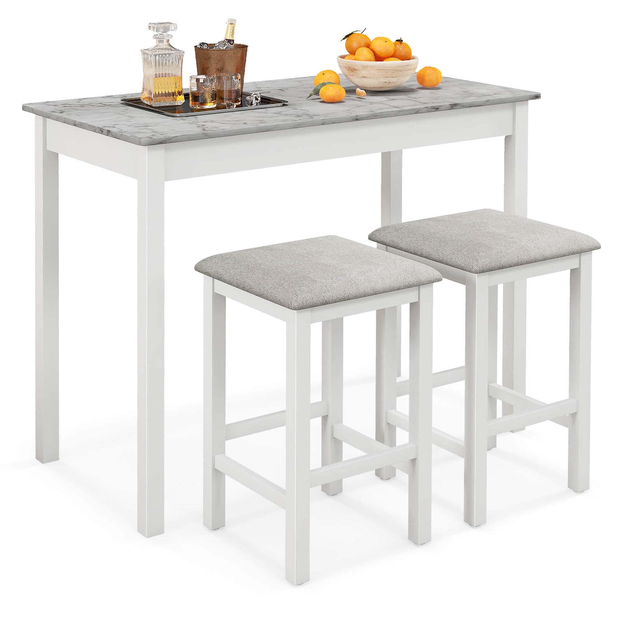 Costway 3 PCS Bar Table Set Dining Table & 2 Linen Fabric Padded Bar ...