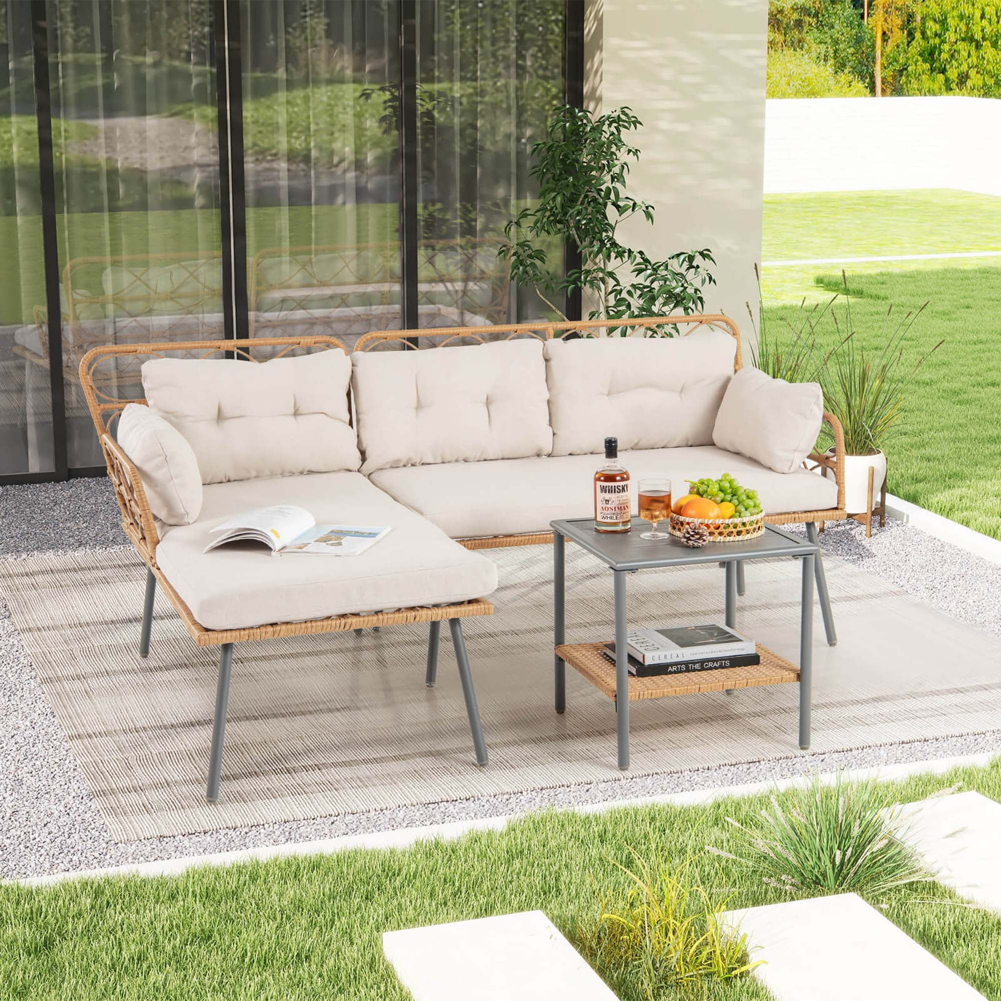 Costway 3 PCS Corner Patio Furniture Cushioned Sofa Set with Small ...