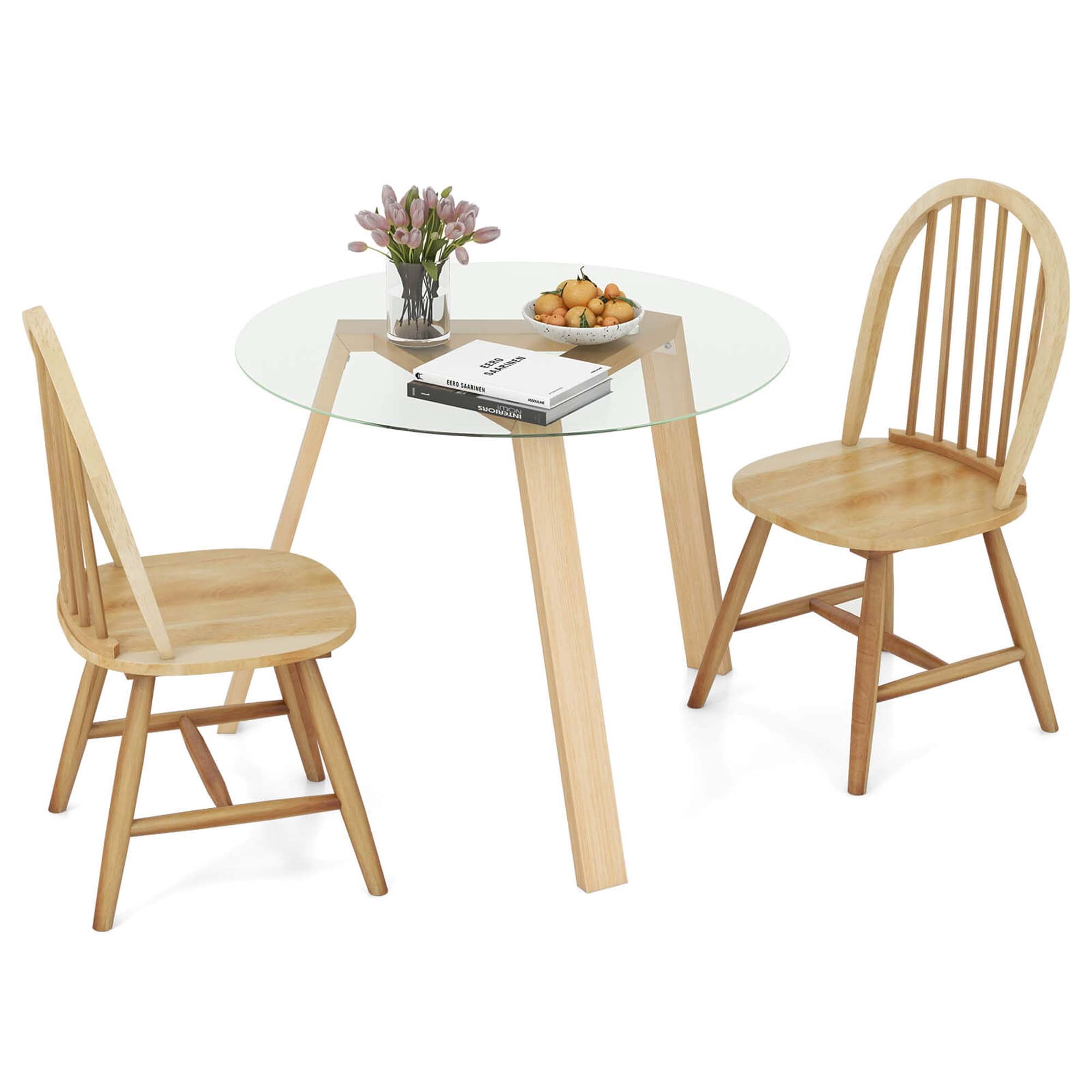 Costway 3 PCS Dining Set for 2 Round Table with 2 Chairs Solid Rubber ...