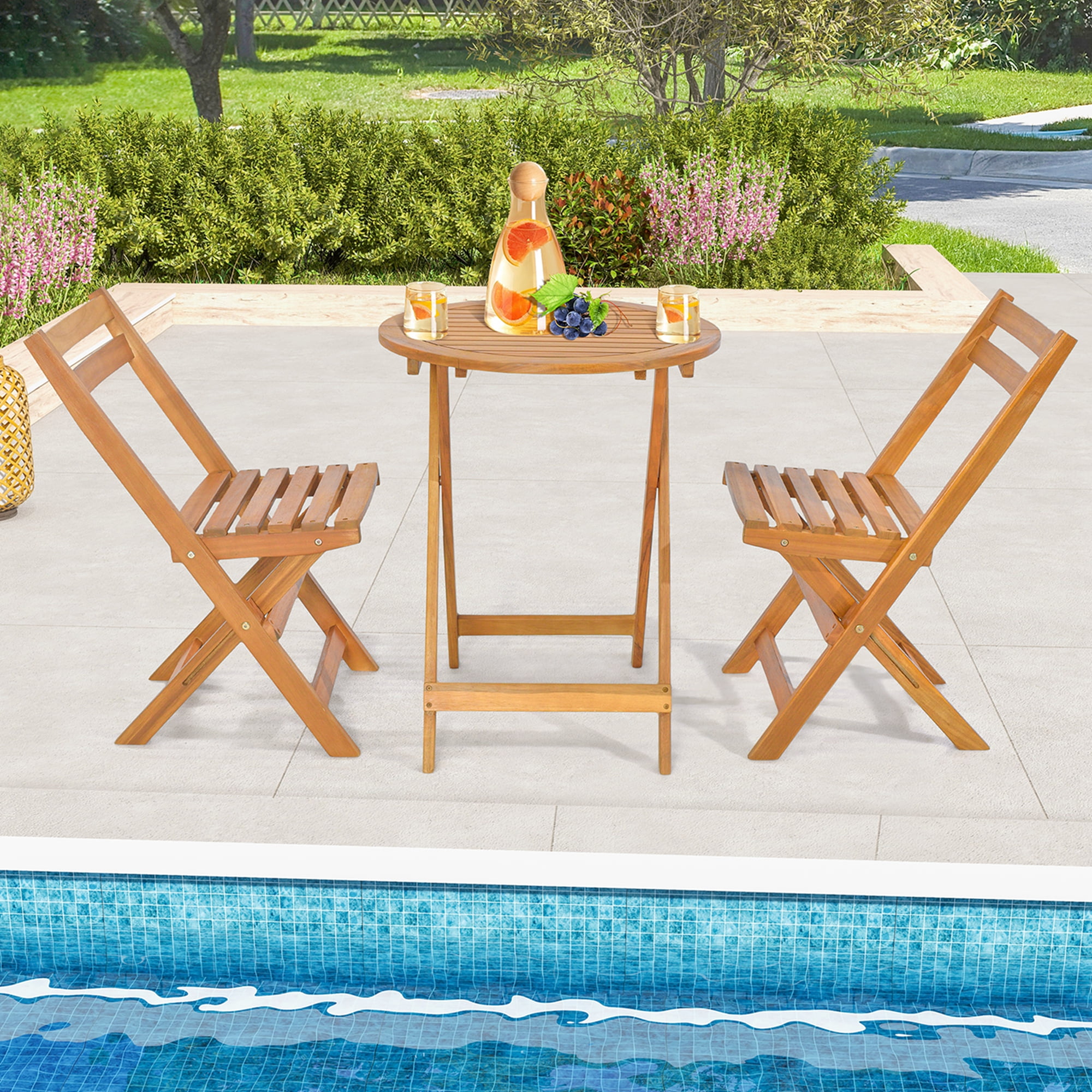 Costway, Folding Patio Bistro Set, Solid Acacia Wood Table & Chairs ...