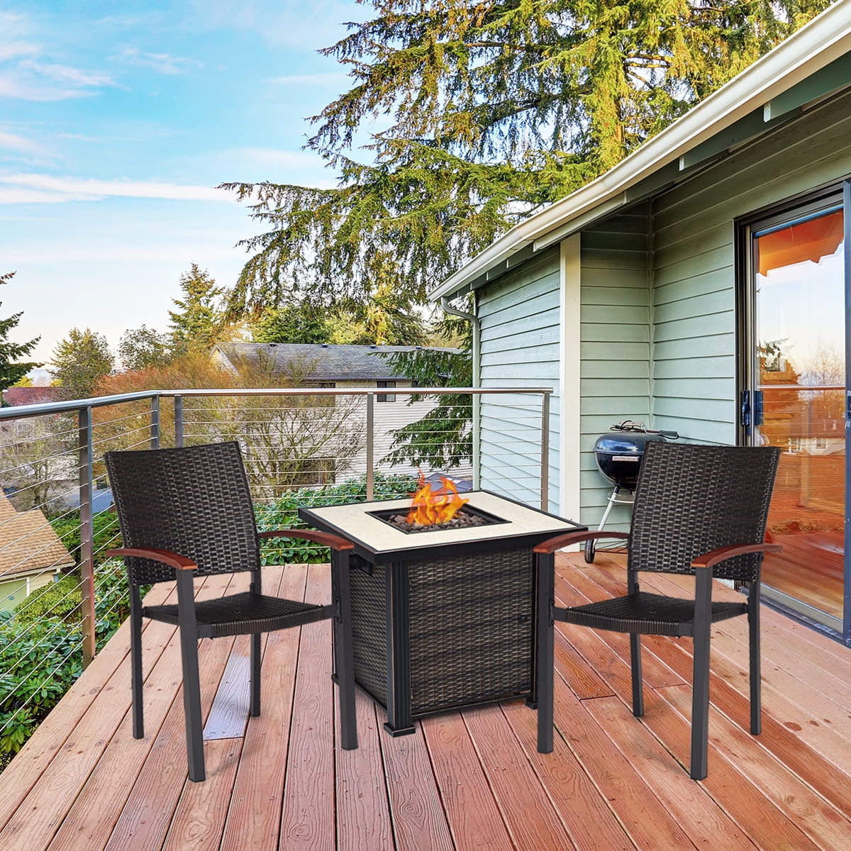 Costway 3 PCS Gas Fire Pit Chair Set 30'' Propane Gas Fireplace ...