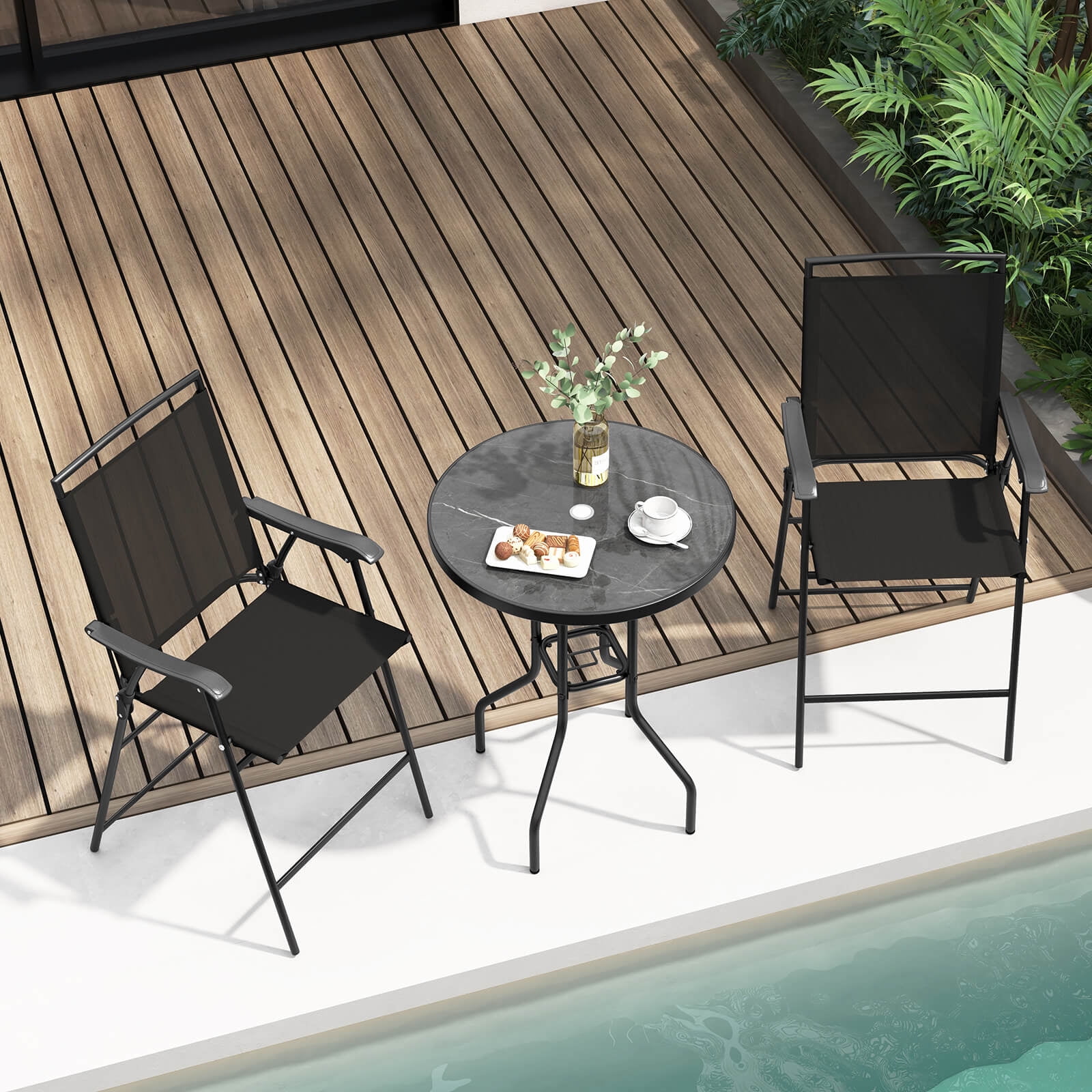 Costway 3 PCS Outdoor Bar Stool Set with DPC Tabletop Umbrella Hole ...