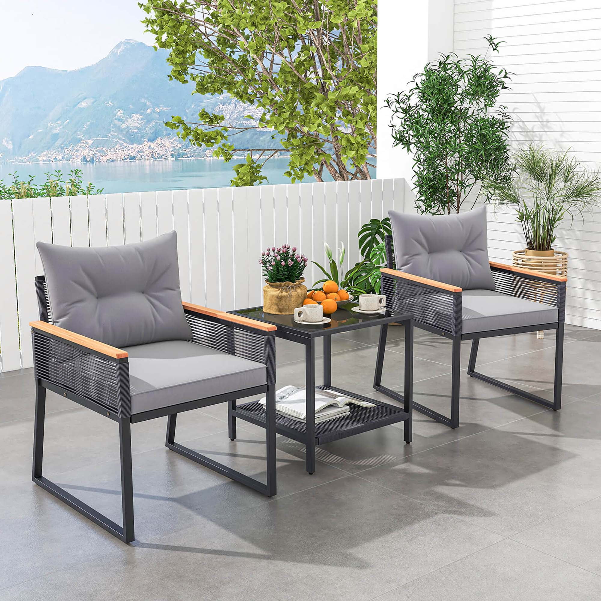 Costway 3 PCS Outdoor Conversation Set with 2-Layer Side Table Acacia ...