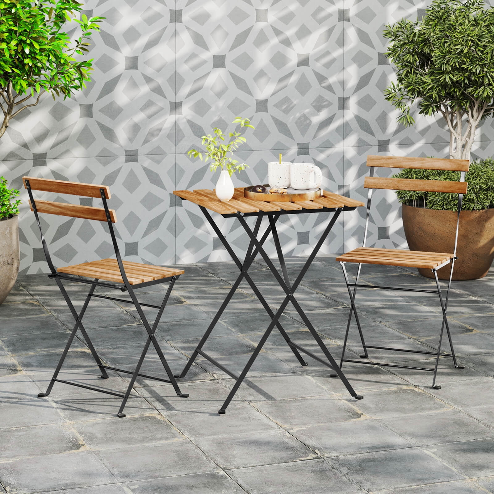 Costway 3 PCS Patio Acacia Wood Bistro Set Bistro Table with 2 Folding ...
