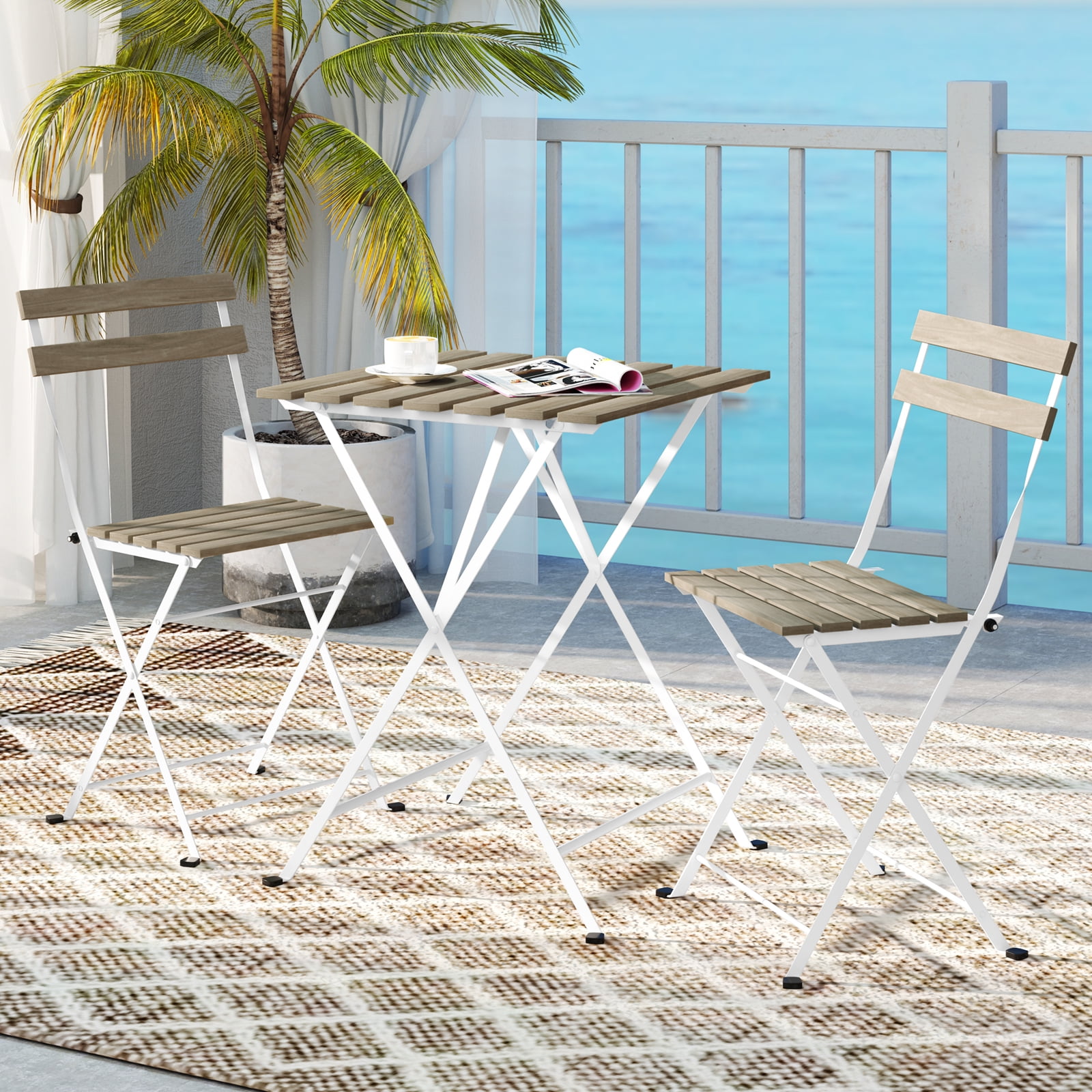 Costway 3 PCS Patio Acacia Wood Bistro Set Bistro Table with 2 Folding ...