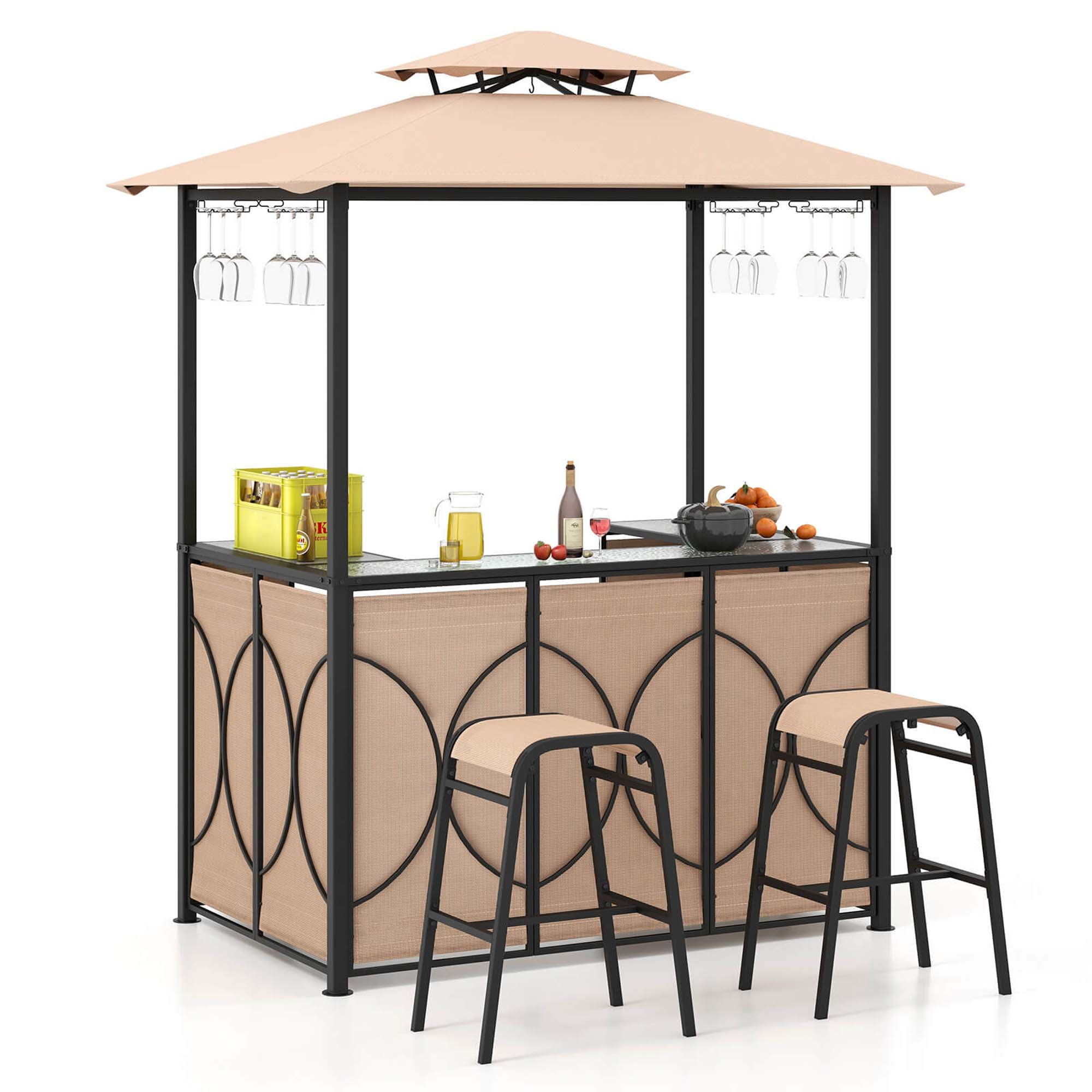 Costway 3 PCS Patio Bar Set with Tempered Glass Bar Table Metal Storage ...
