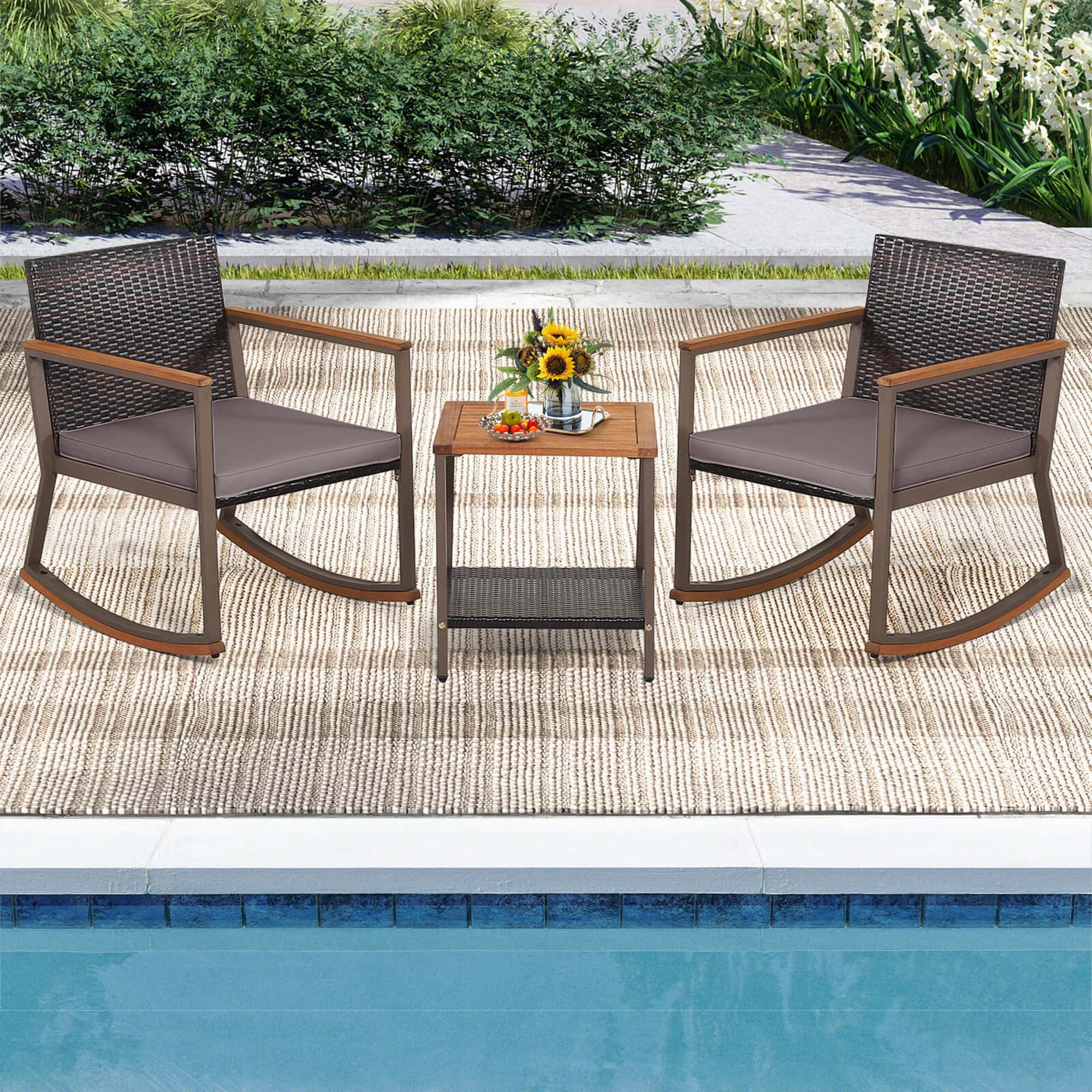 Costway 3 PCS Patio Rattan Rocking Chair Bistro Set Armrest Cushion ...