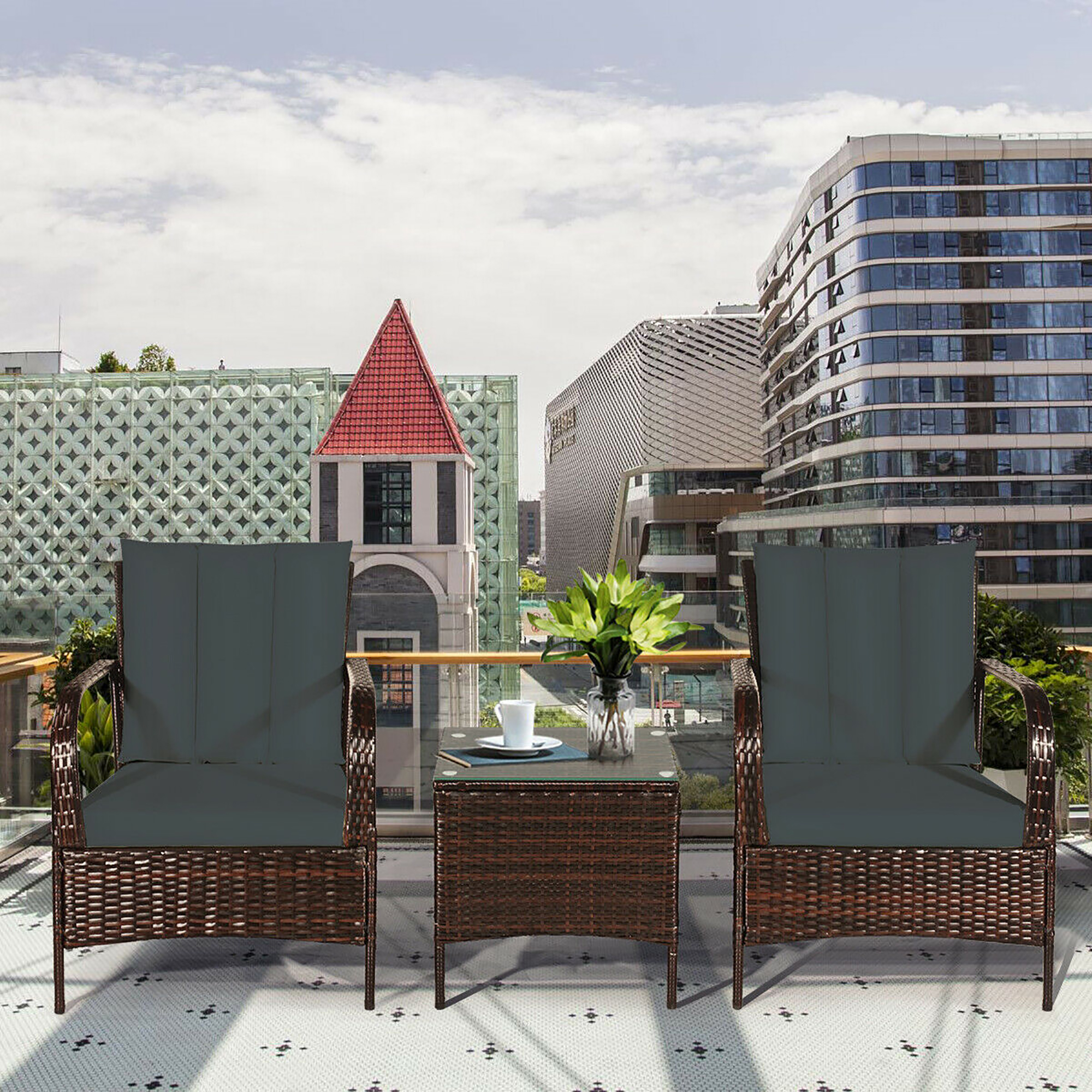 Gymax Balcony Outdoor 3 Piece Porch Wicker Rattan Furniture Set with ...