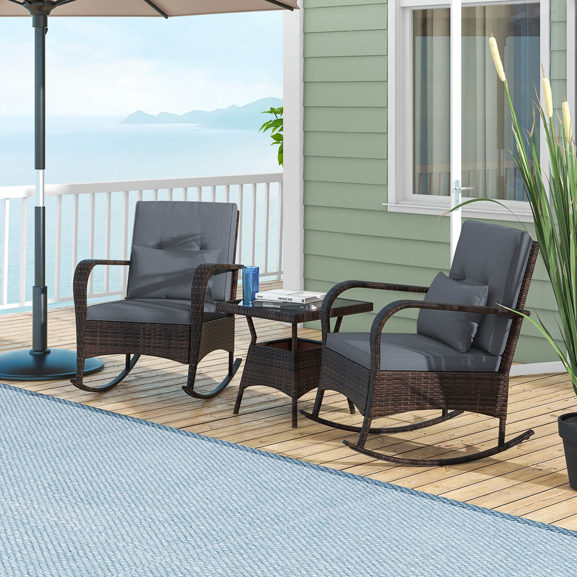 Costway 3 PCS Rocking Bistro Set with Removable Cushions & Tempered ...
