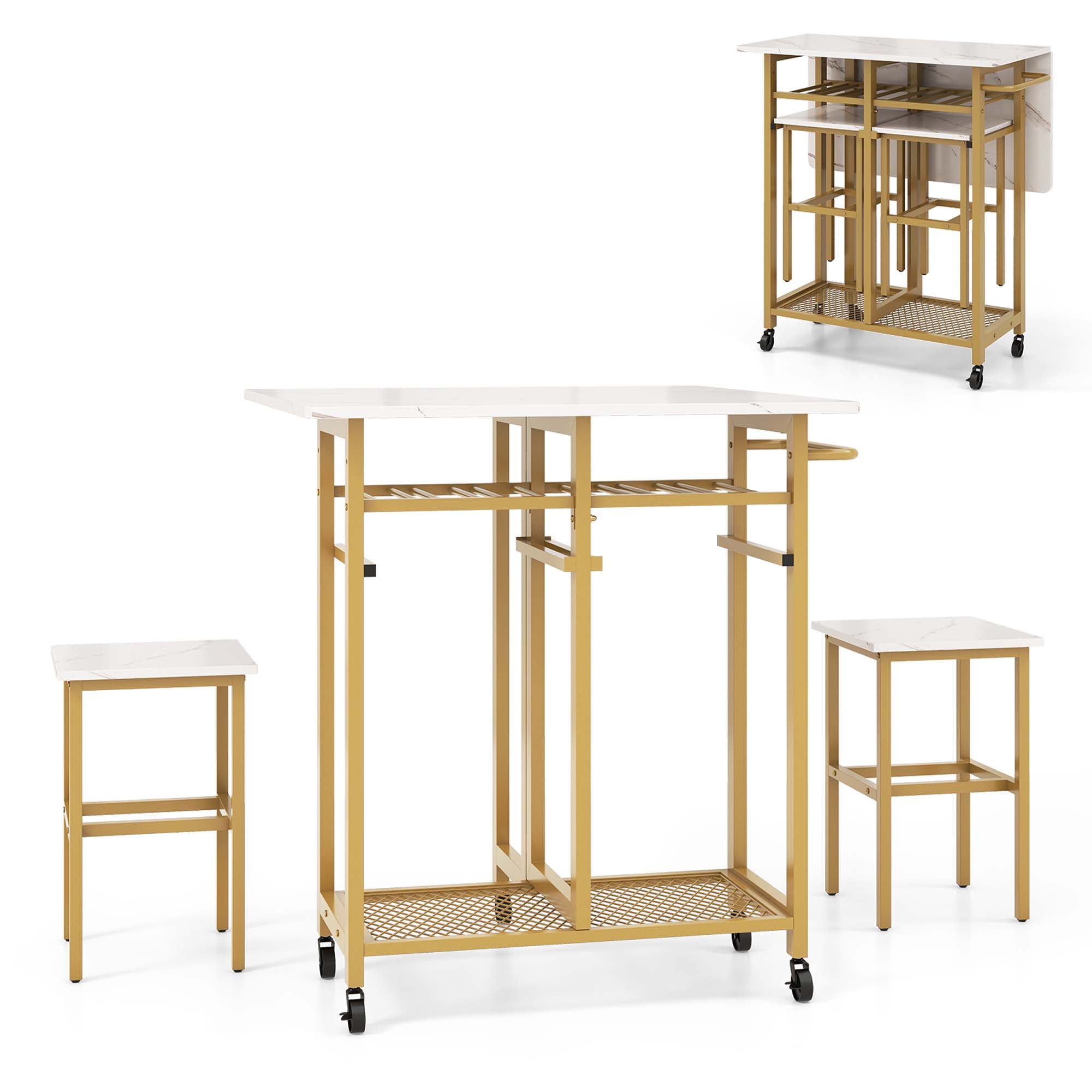 Costway 3 PCS Rolling Dining Table Set Extendable Kitchen Table 2 ...
