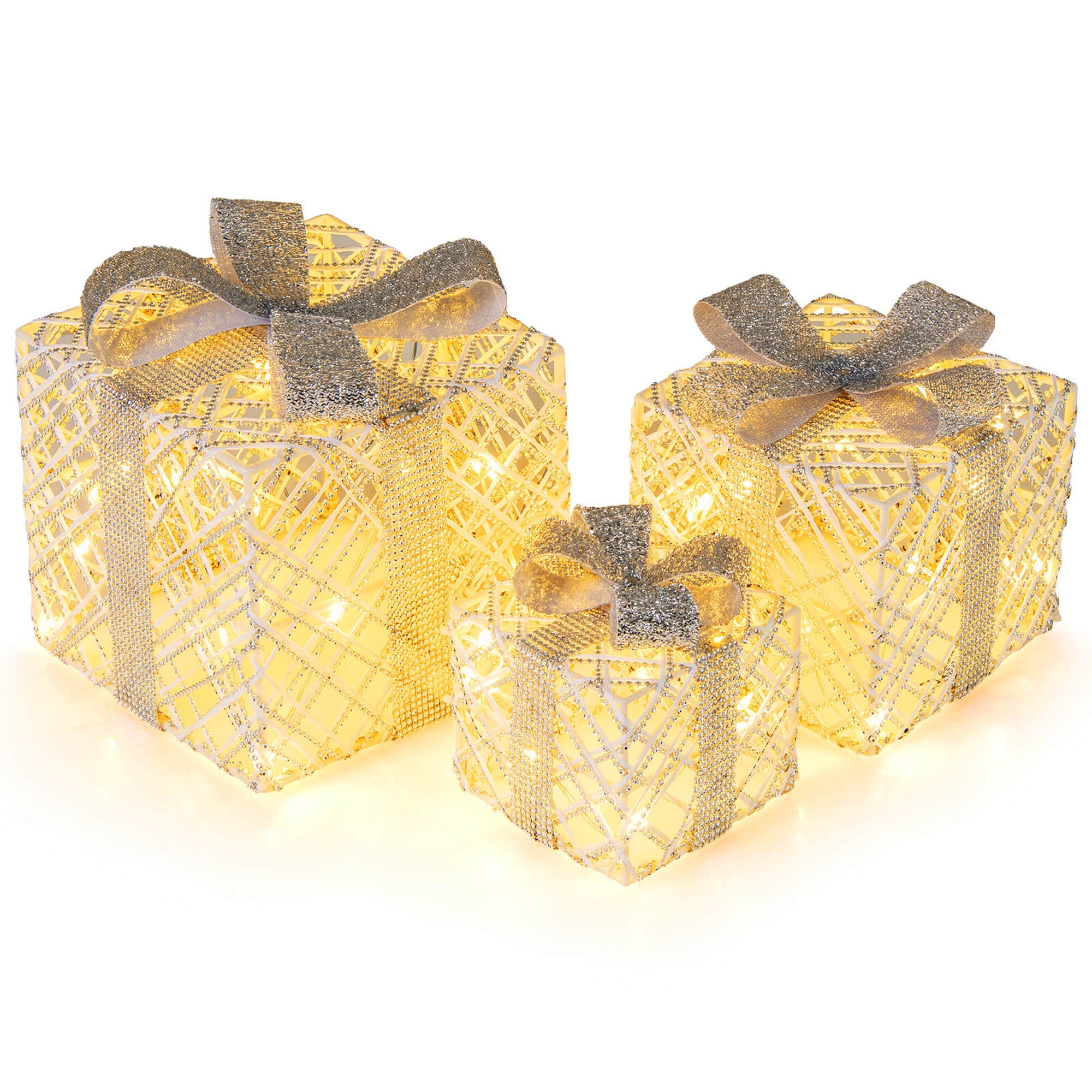 Costway 3 Pack Christmas Lighted Gift Box with 50 LED Lights Detachable ...