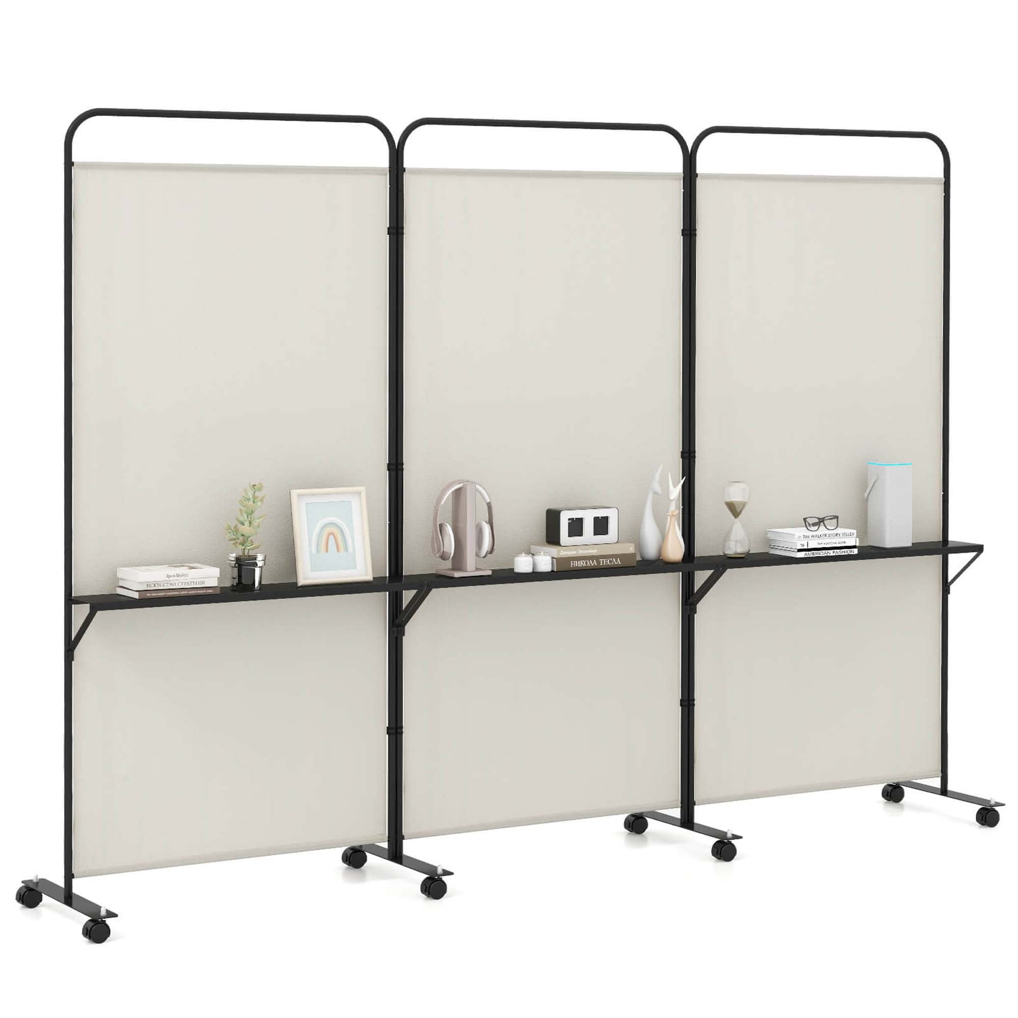 Costway 3-Panel Room Divider with Storage Shelves 6FT Tall Folding ...