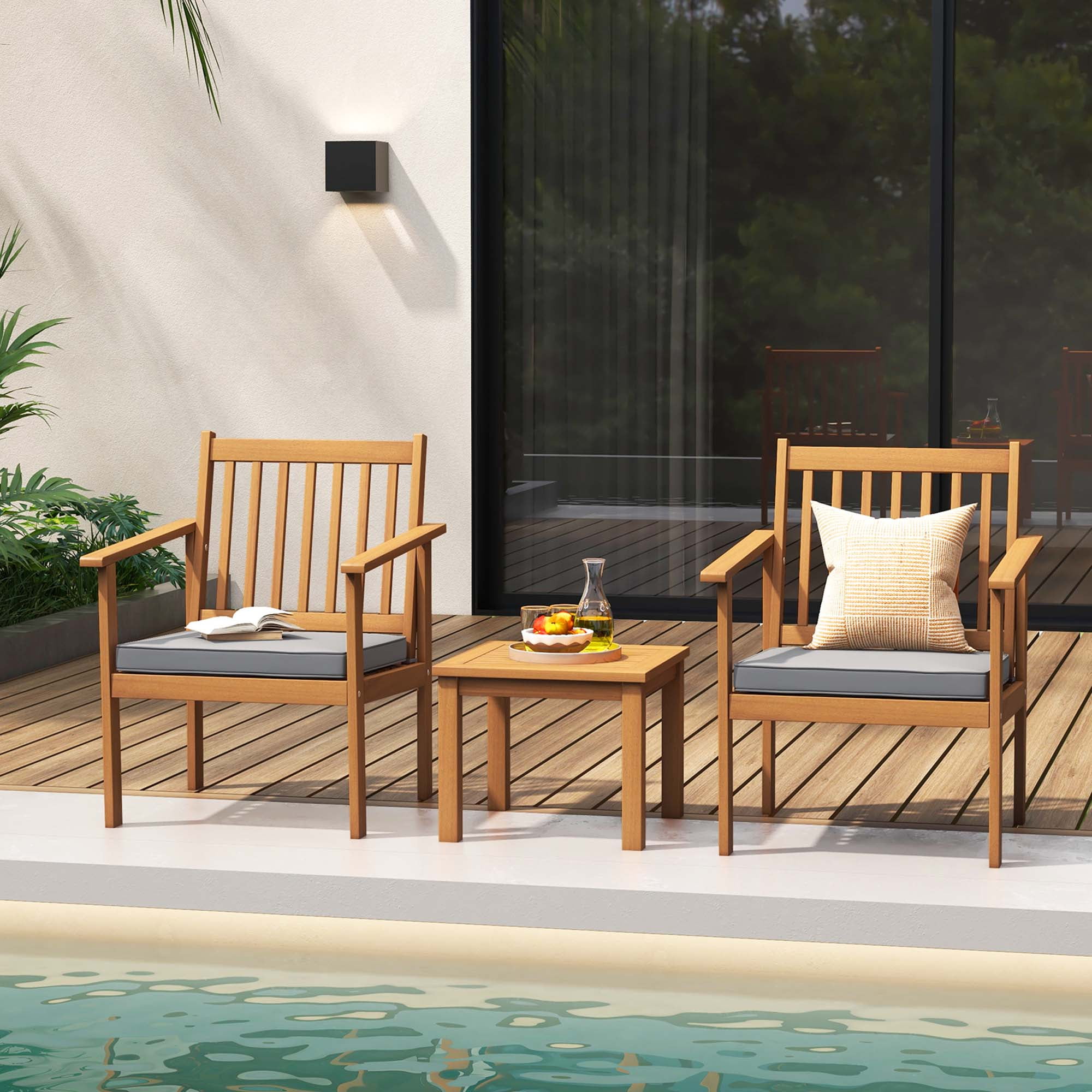 Costway 3-Piece Outdoor Wooden Deck Patio Set with Acacia Wood Chairs ...