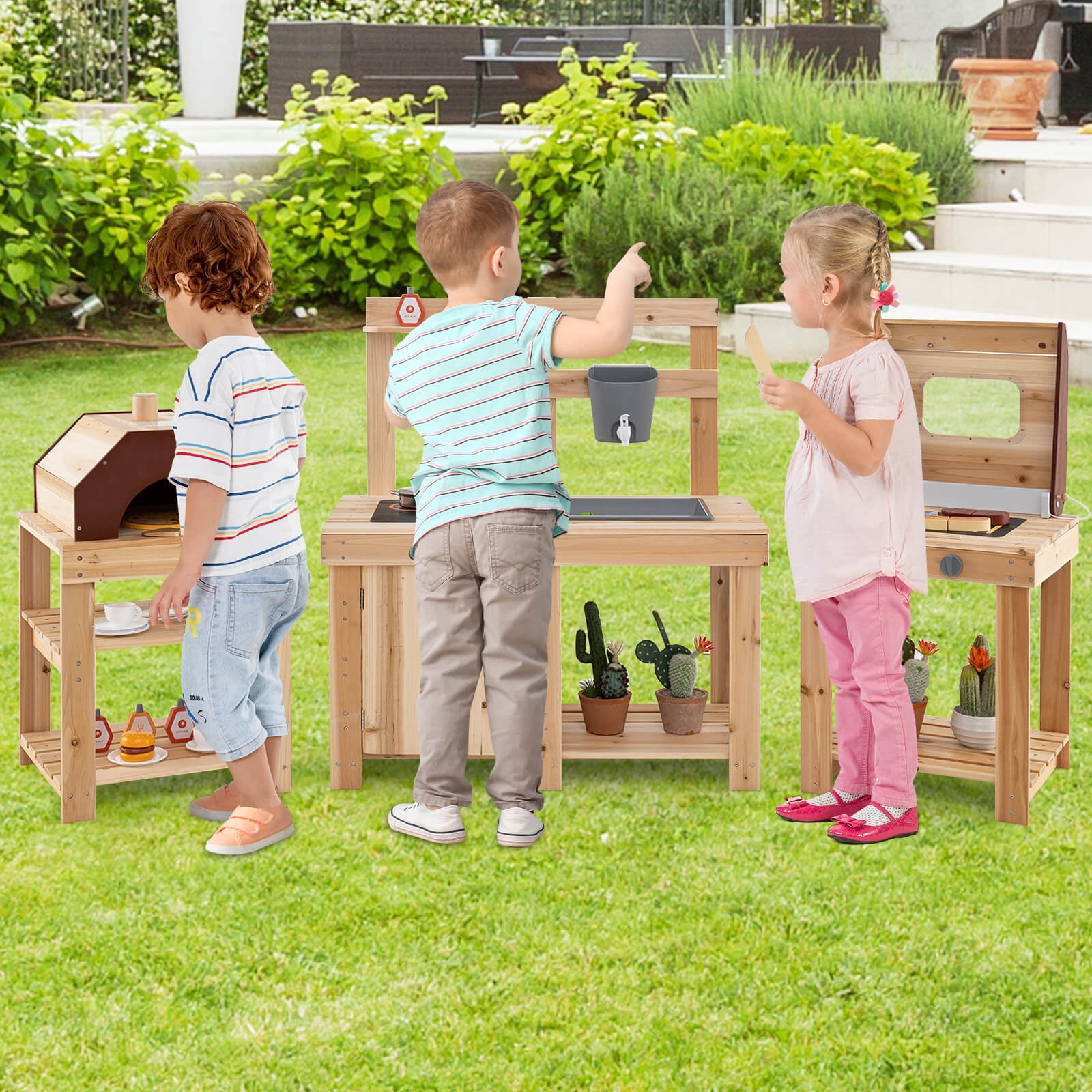Costway 3-Piece Outdoor Wooden Kitchen Playset Kids Mud Kitchen BBQ ...