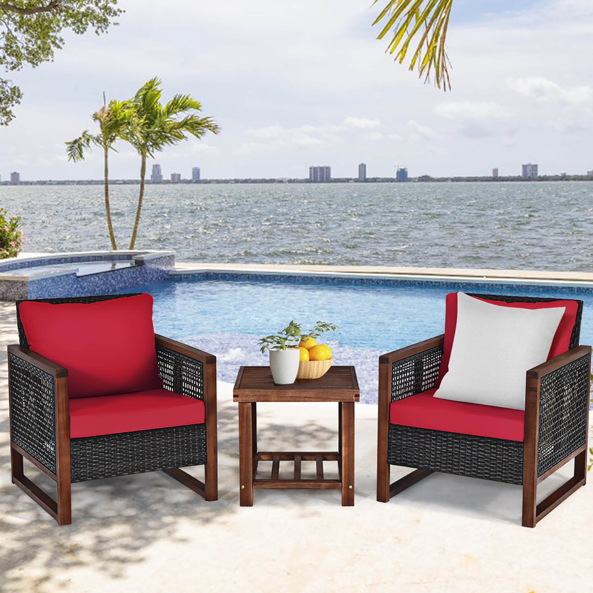 Costway 3 Piece Rattan Outdoor Patio Dining Set, Brown/Red - Walmart.com
