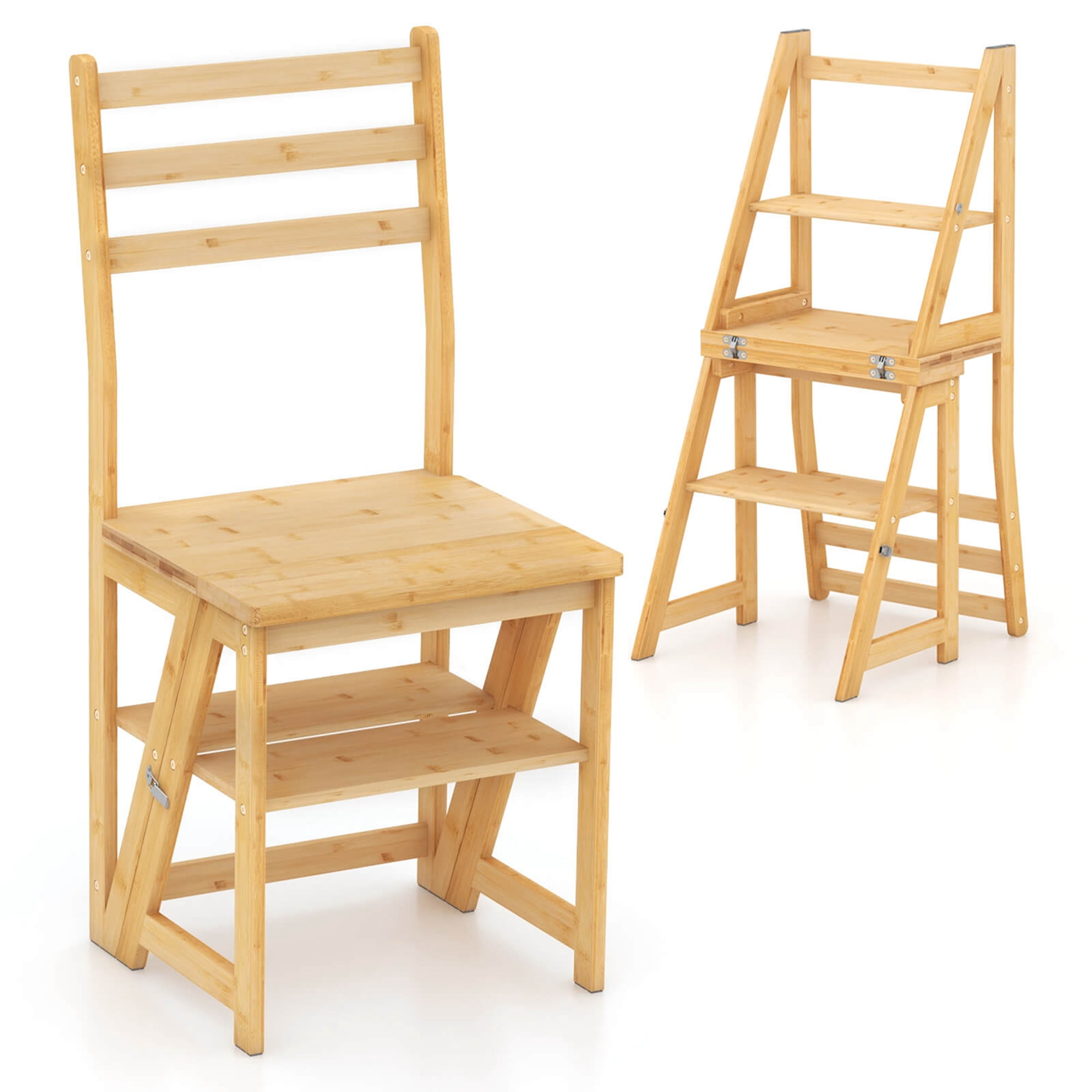 Costway 3-Step Folding Step Ladder Chair with Bamboo Frame Convertible ...