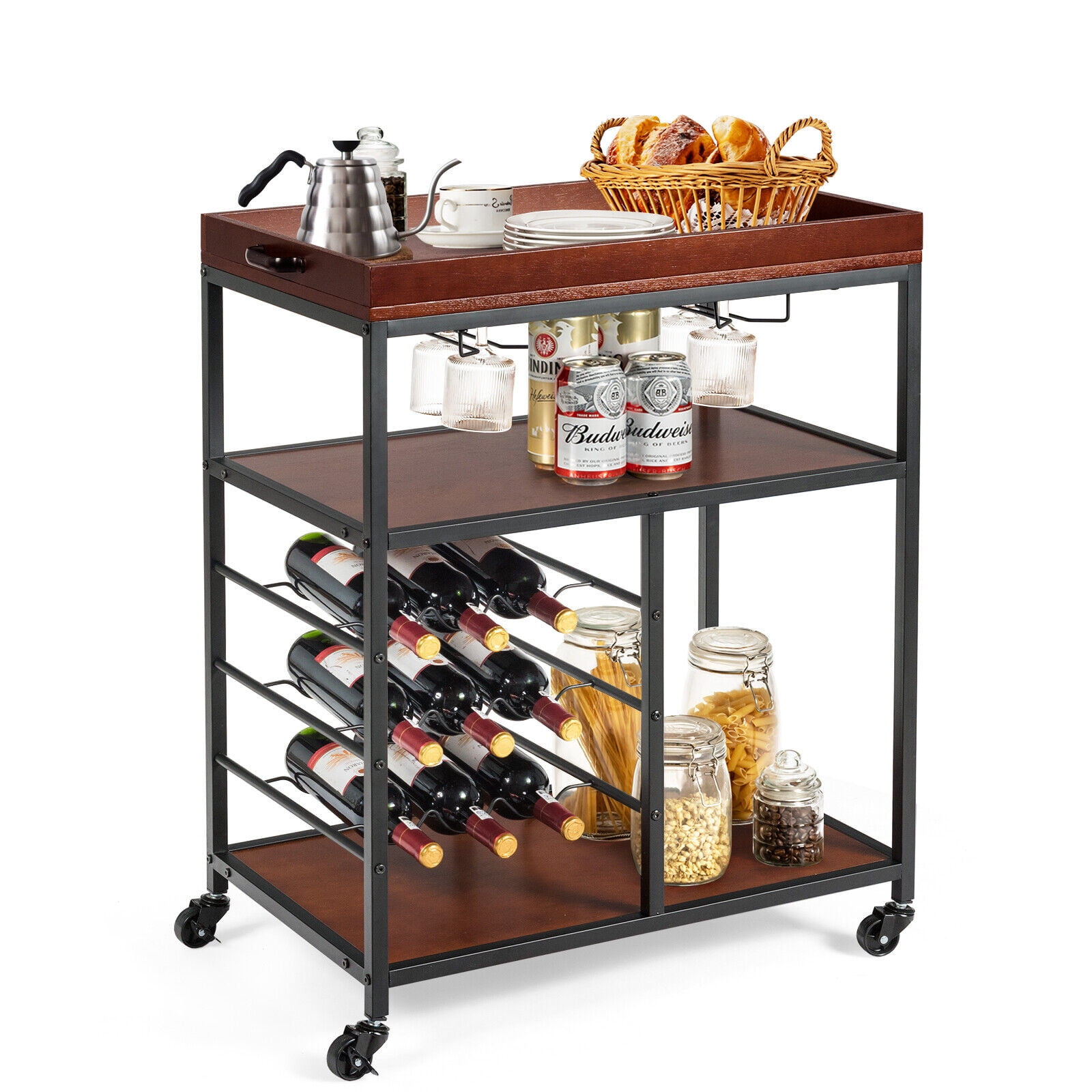 Costway 3 Tier Bar Serving Cart Rolling Kitchen Island Utility Beverage ...