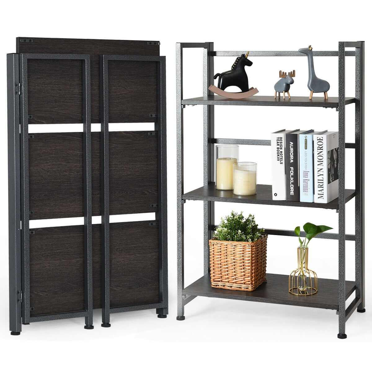 Costway 3-Tier Folding Bookshelf Foldable Metal Storage Shelf Portable ...