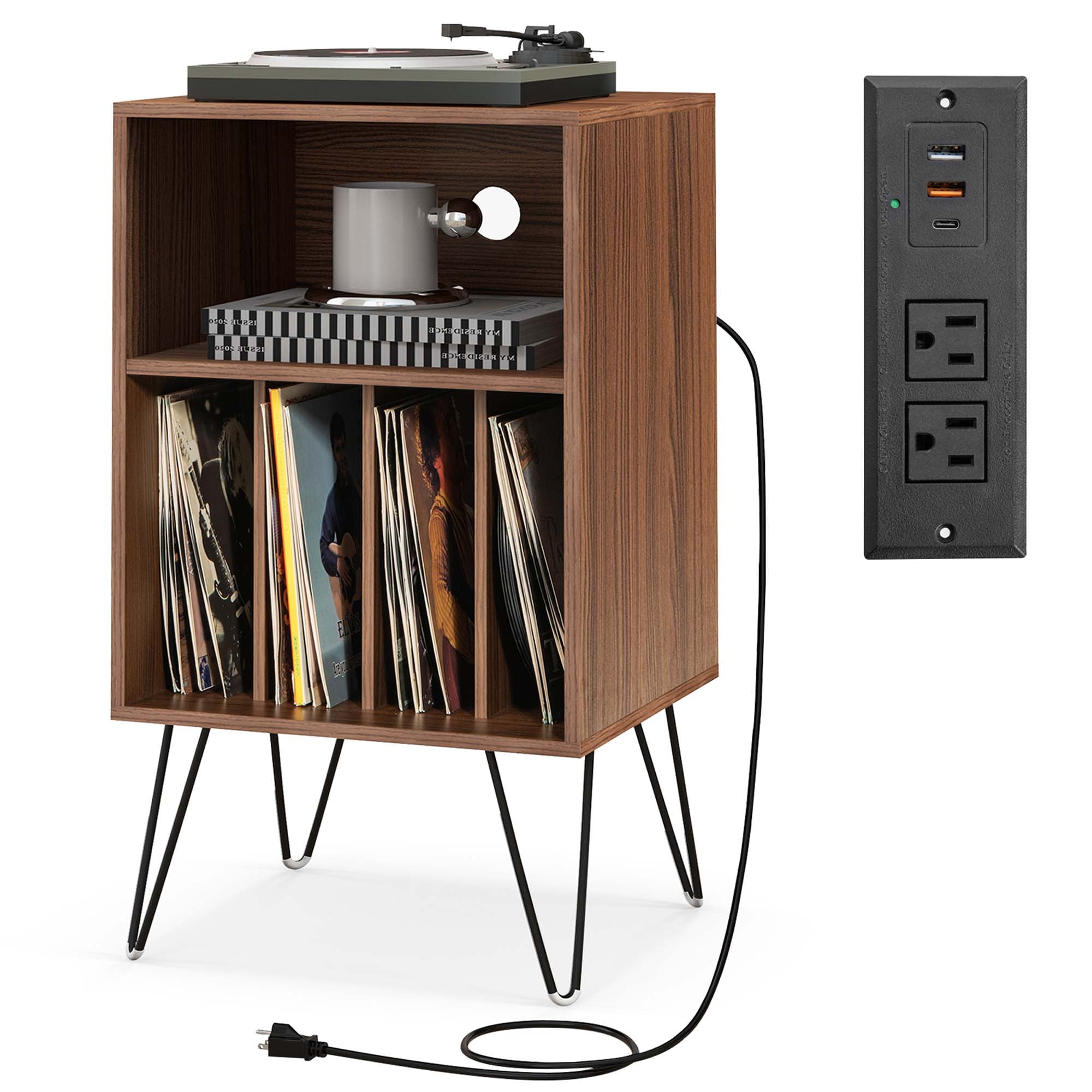 Costway 3-Tier Record Player Stand with Charging Station Shelf & 4 ...