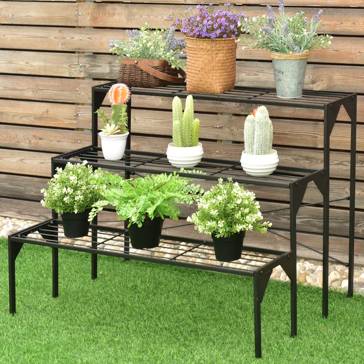 Costway 3 Tier Heavy Duty Metal Shelving Unit, Indoor-Outdoor Garden ...