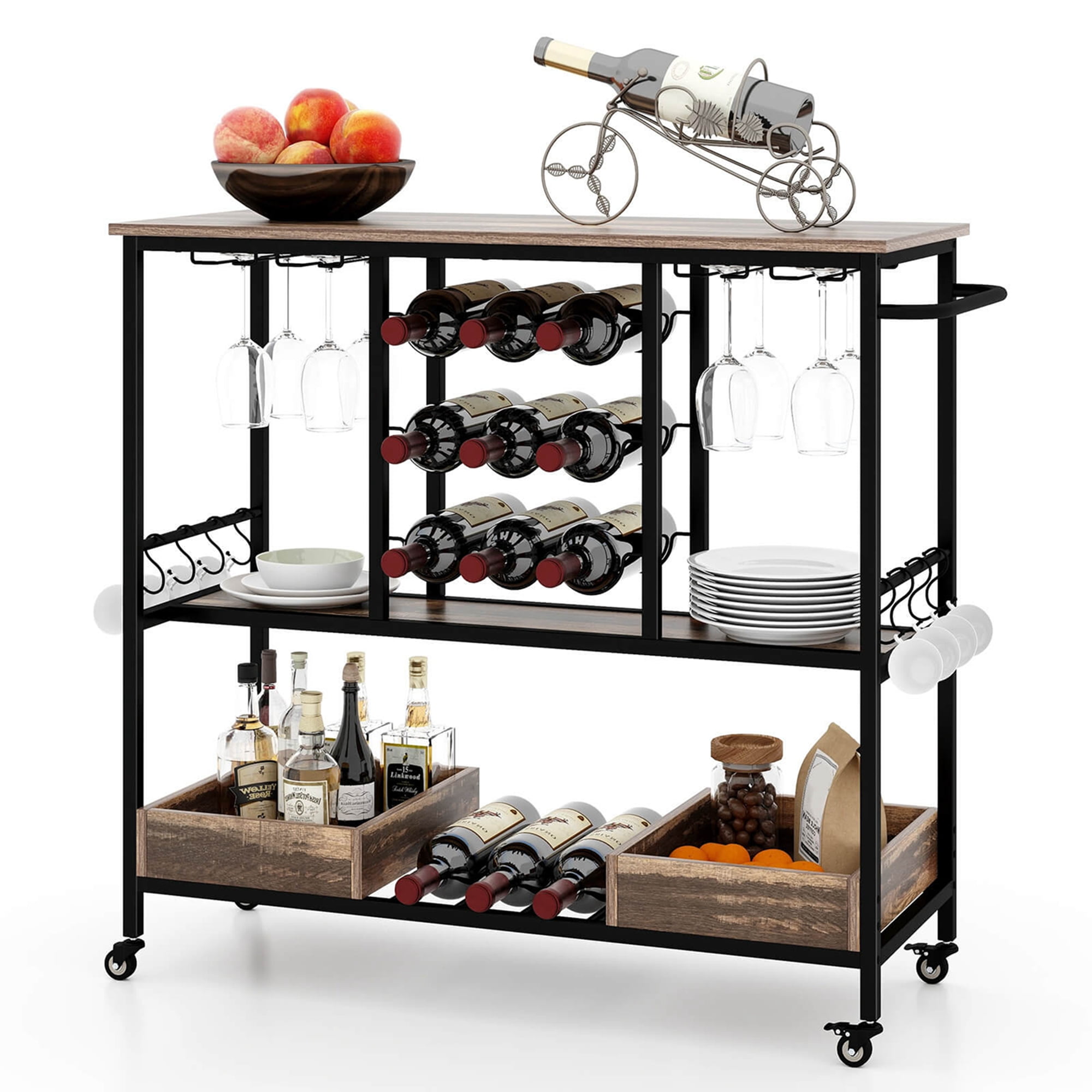 Costway 3 Tiers Bar Cart Home Serving Cart on Wheels with Glass Racks ...