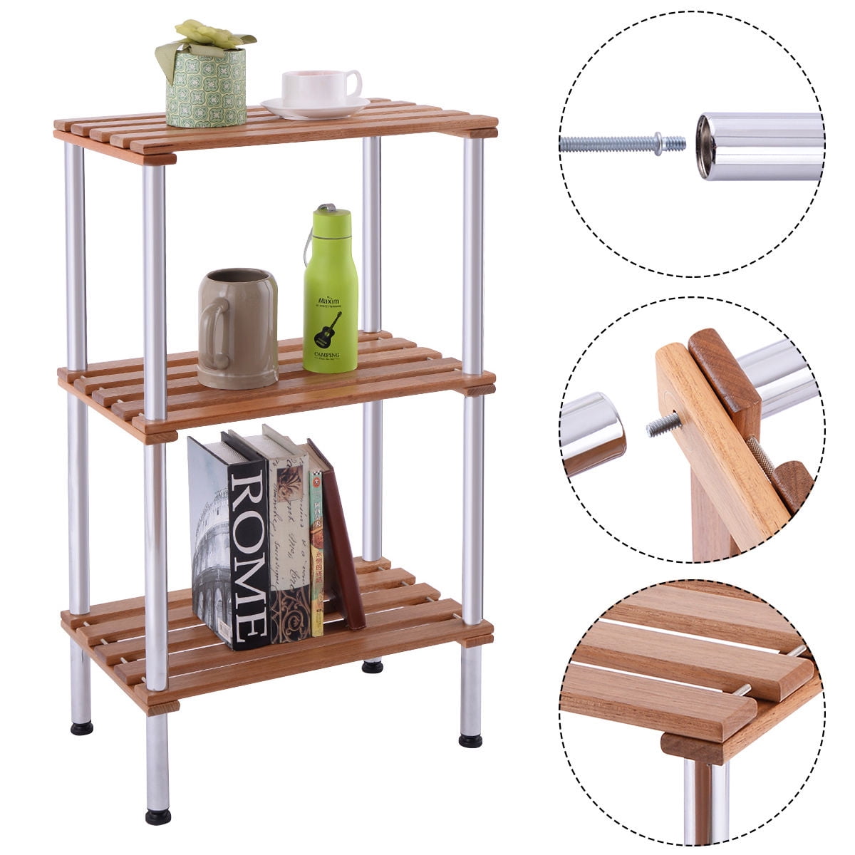 Costway 3 Tiers Wood Slat Storage Display Rack Shelves Steel Frame Home ...