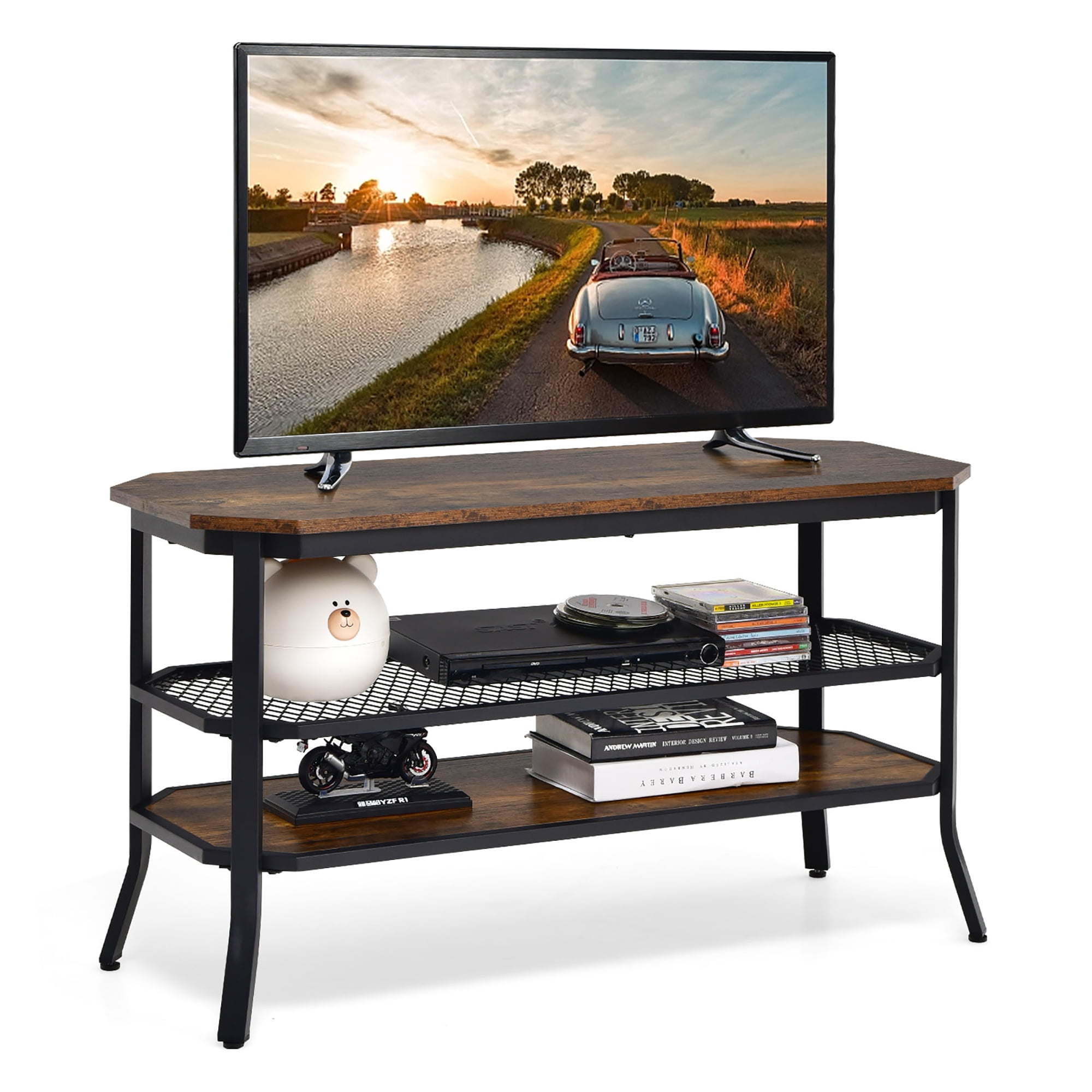 Costway 3-tier TV Stand Console Table Media Entertainment Center w/Mesh ...