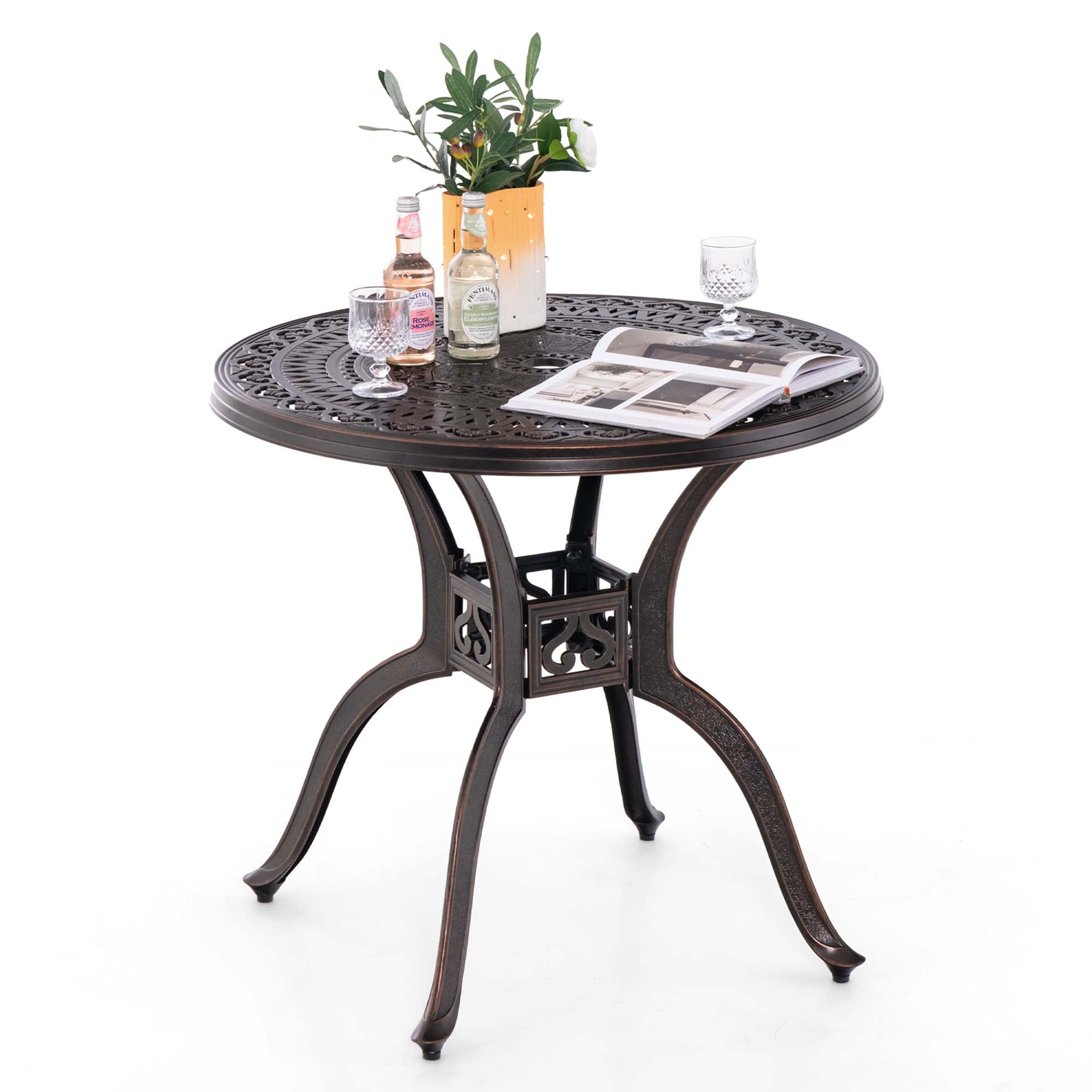 Costway 31.5" Cast Aluminum Table Patio Round Dining Table with 2 ...
