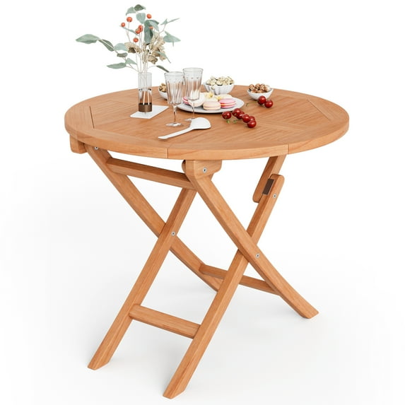 Costway 31.5'' Round Teak Wood Folding Patio Dining Table, Portable & Natural Outdoor - Walmart.com
