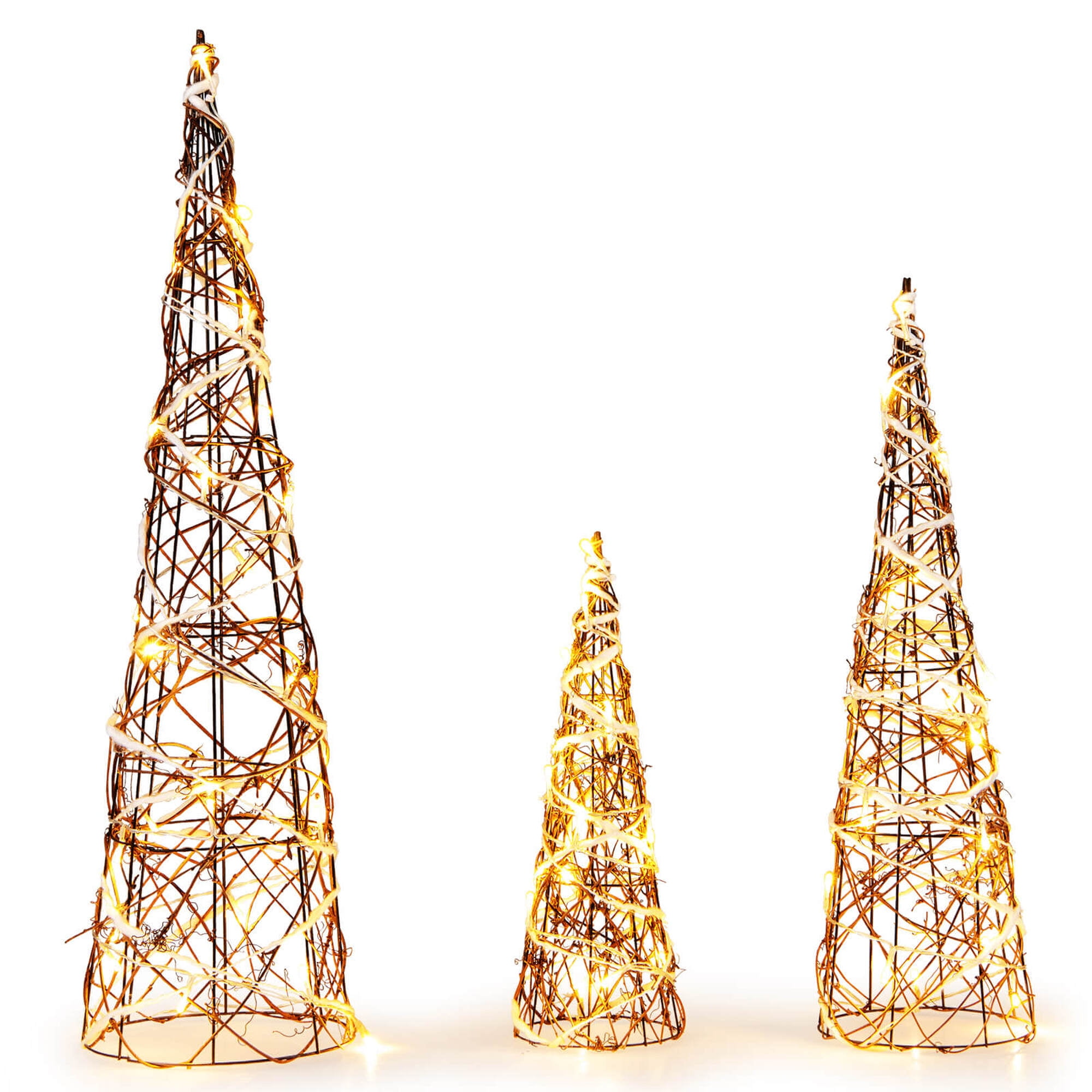 Costway 32" 24" 16" Set of 3 Lighted Rattan Cone Trees with LED Lights ...