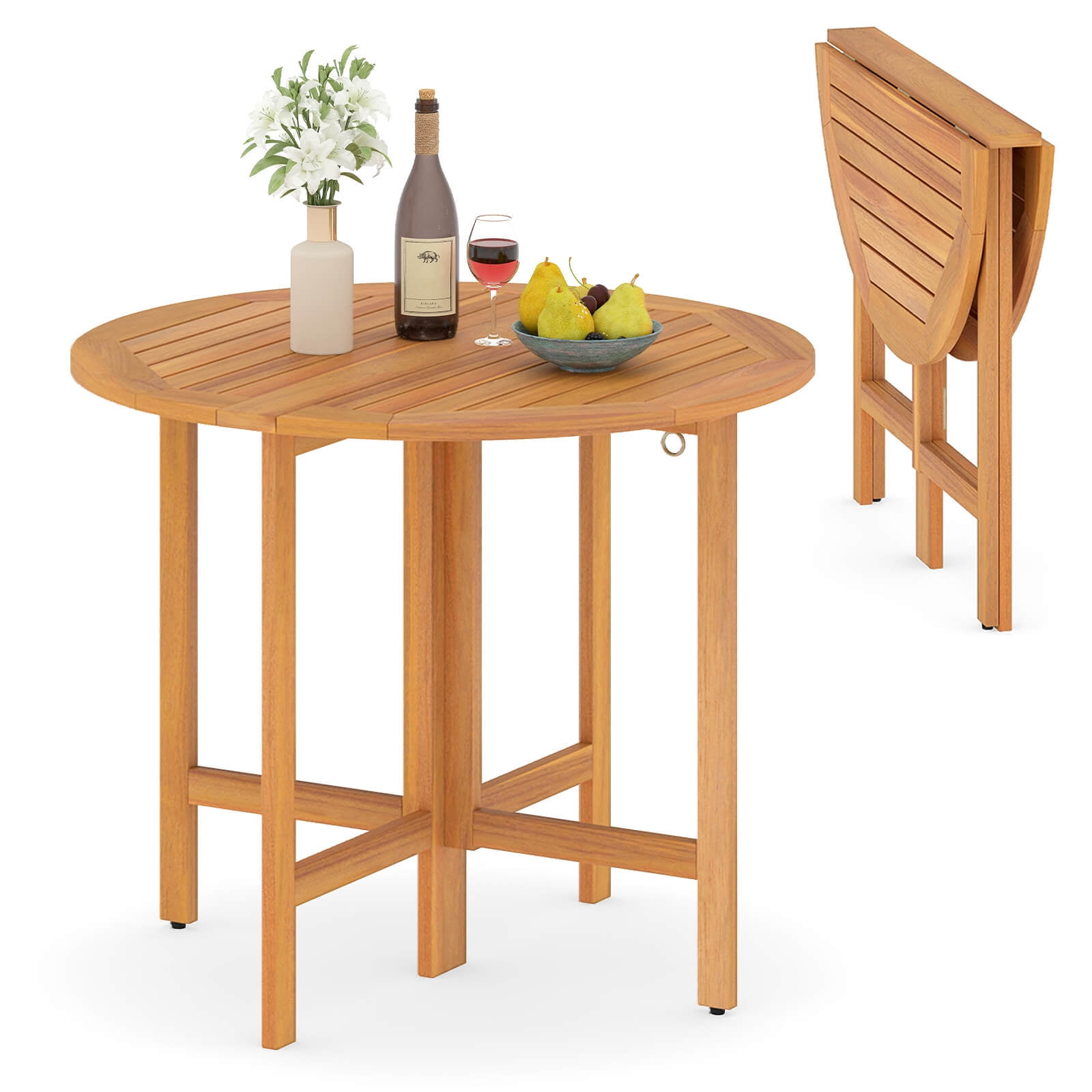 Costway 36" Outdoor Folding Round Dining Table with Slatted Tabletop ...