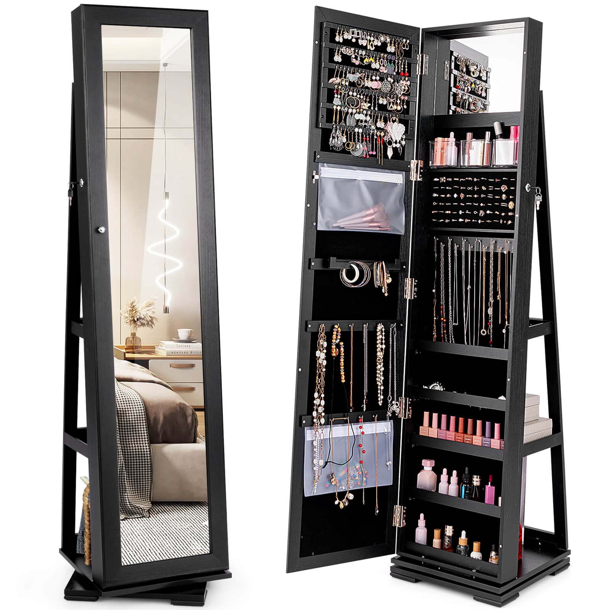 Costway 360° Rotatable Jewelry Cabinet Armoire 2-in-1 Lockable Mirrored ...
