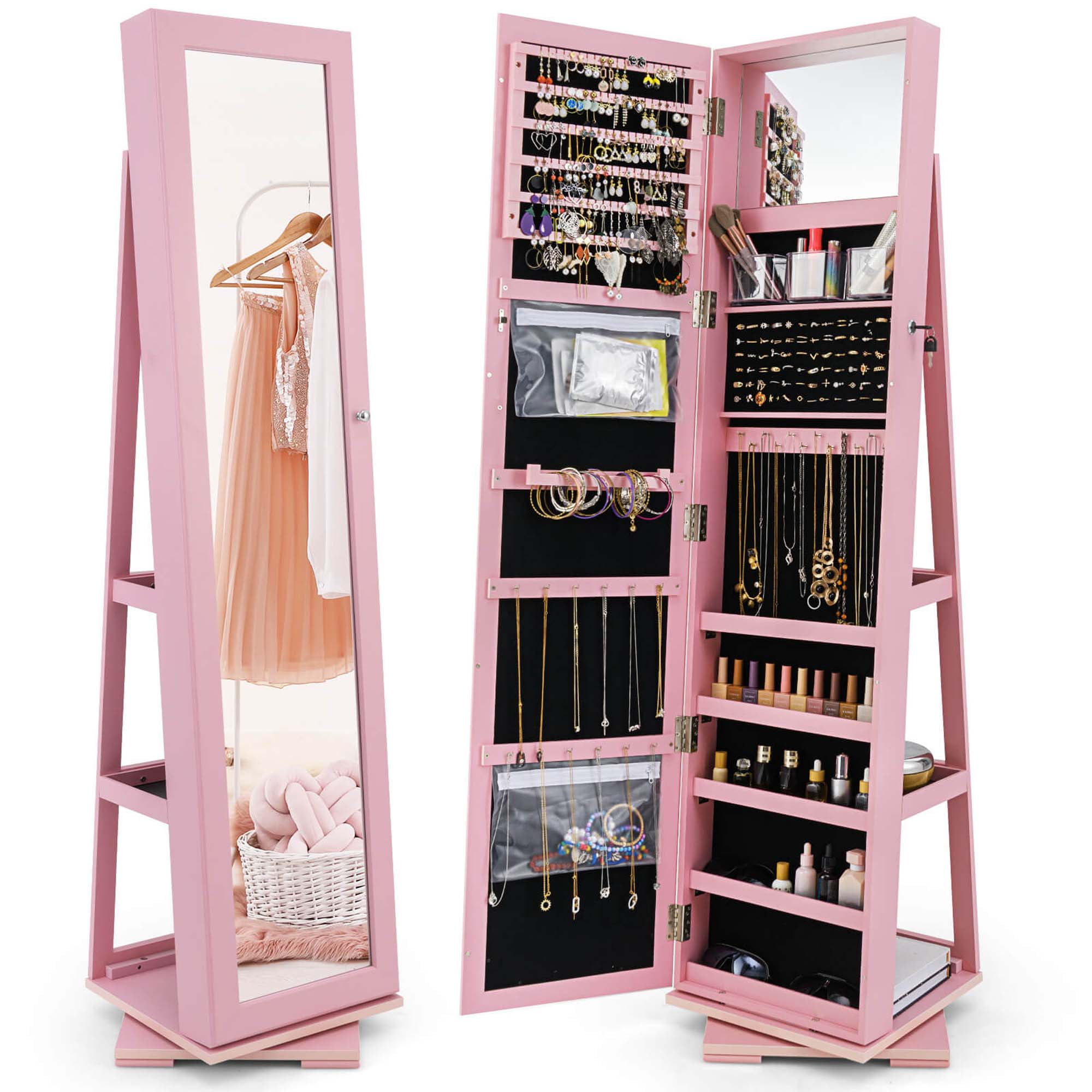 Costway 360° Rotatable Jewelry Cabinet Armoire 2-in-1 Lockable Mirrored Pink - Walmart.com