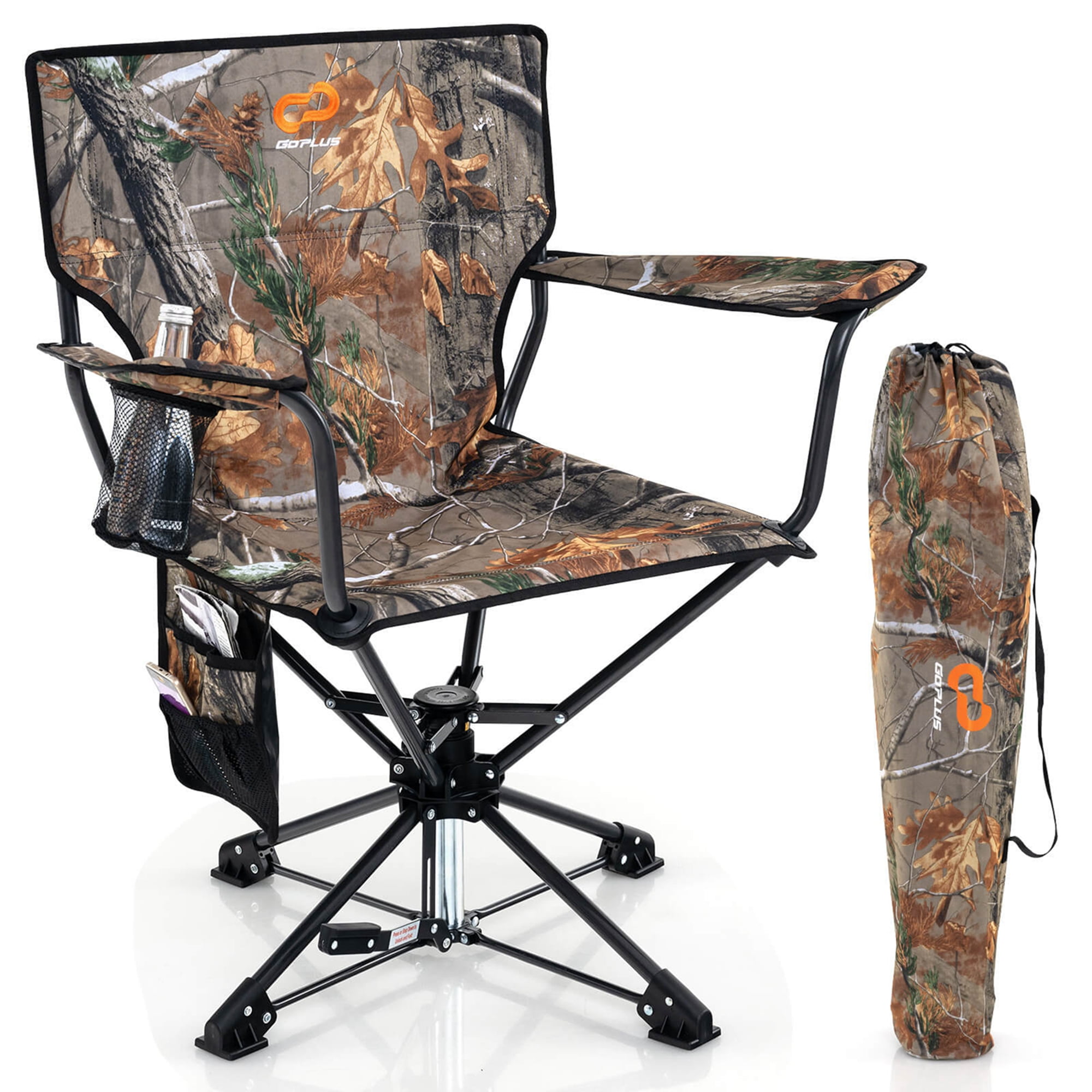 Goplus 360° Swivel Hunting Chair with Mesh Cup Holder & Storage Pockets ...