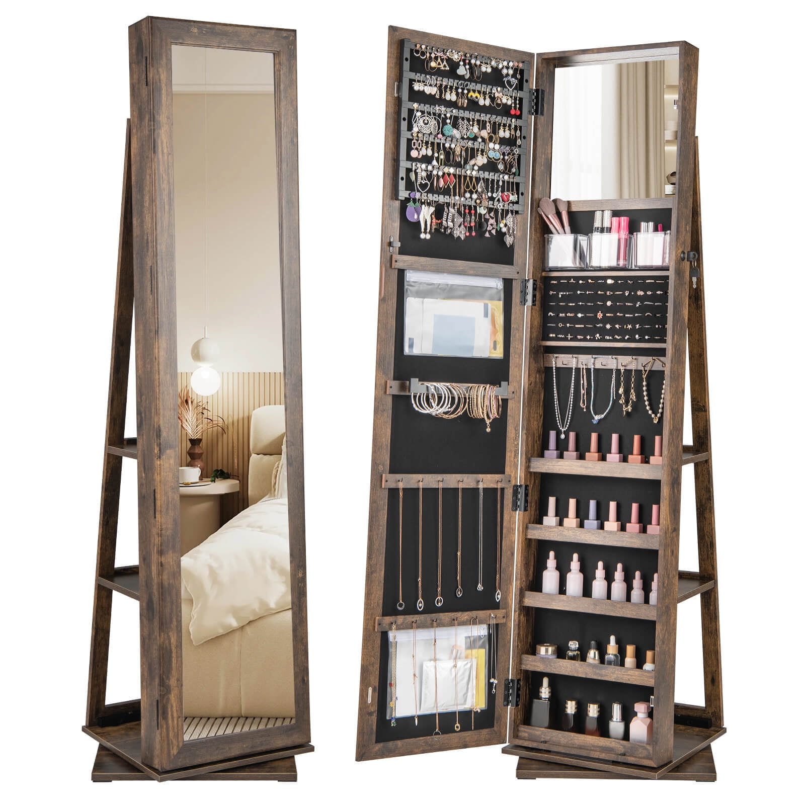 Costway 360° Swivel Jewelry Armoire with Full-Length Mirror Rear Shelves Makeup Mirror - Walmart.com
