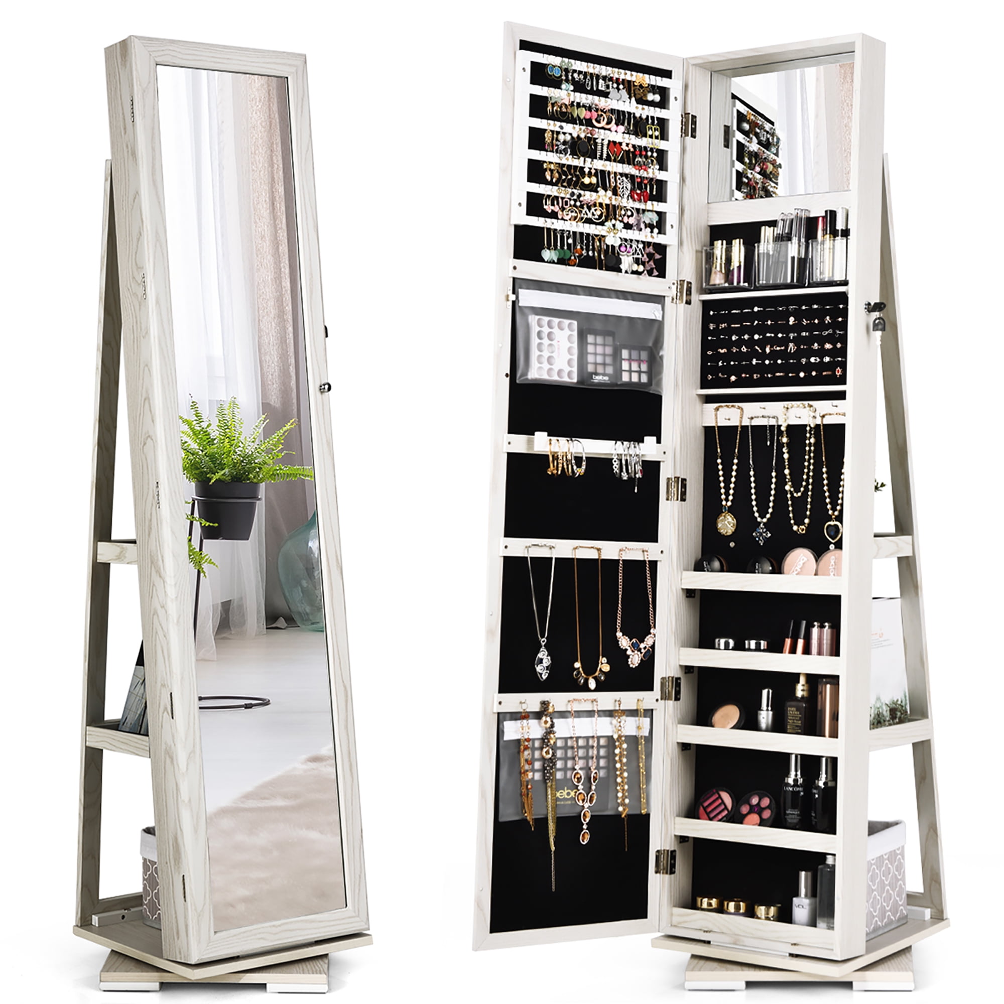 Costway 360degree Rotatable Jewelry Cabinet 2-in-1 Lockable Mirrored ...